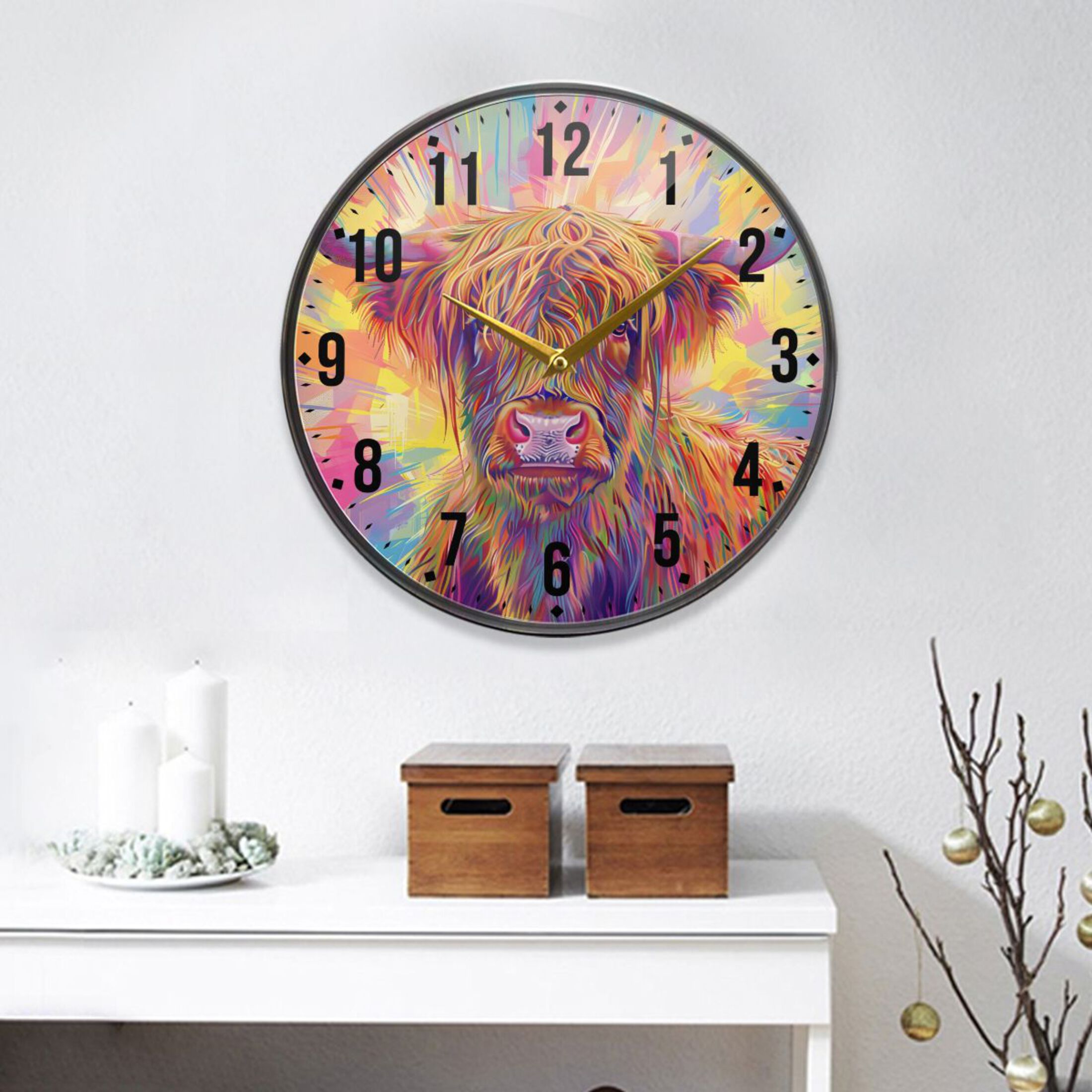 Long Hair Highland Cow Cattle Round Wall Clock 9.5 Inch Non-Ticking ...
