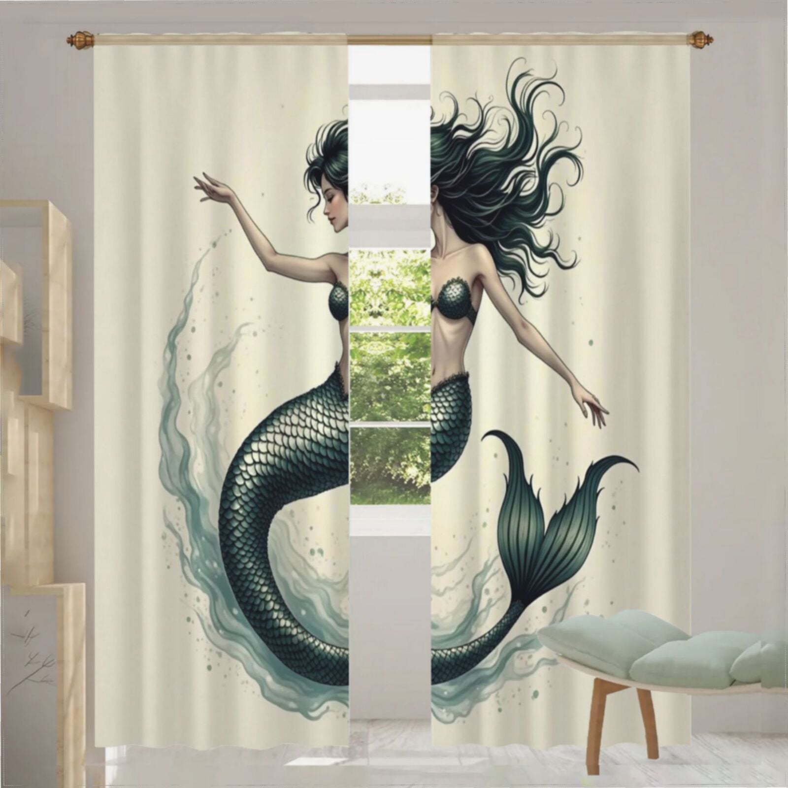 Long-Haired Mermaid Dancing Curtains for Living Room Bedroom Decor ...