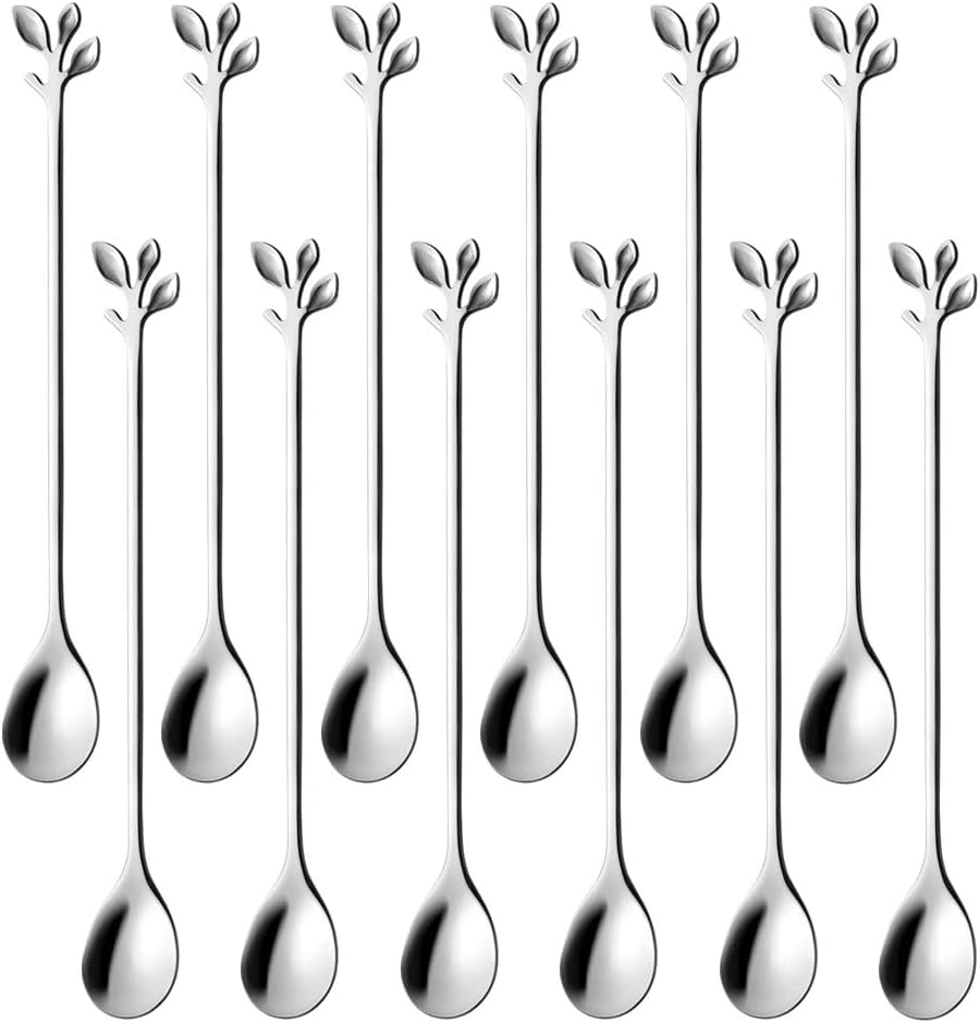 Long Handle 7.4-Inch Leaf Teaspoons set, 6 Pcs Silver Stainless Steel Coffee stirring spoon ...