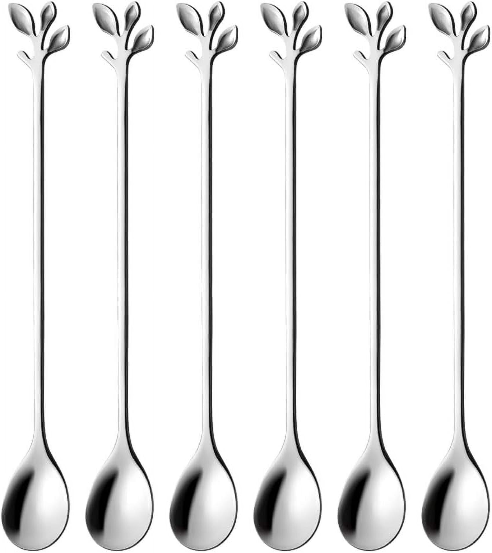 Long Handle 7.4-Inch Leaf Teaspoons set, 6 Pcs Silver Stainless Steel ...