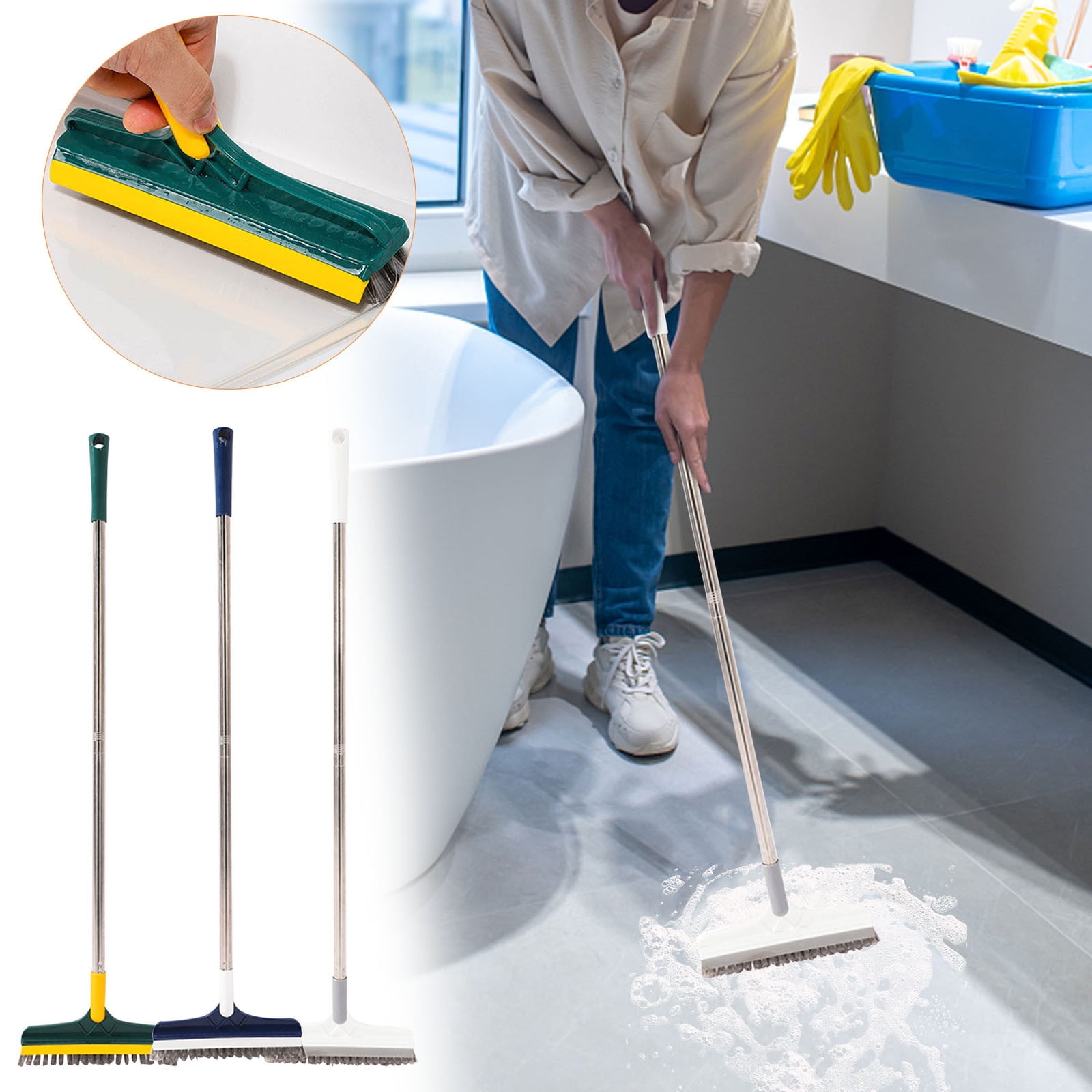 Long Handle Floor Brush with V-shape Bristles and Rubber Scraper, for ...