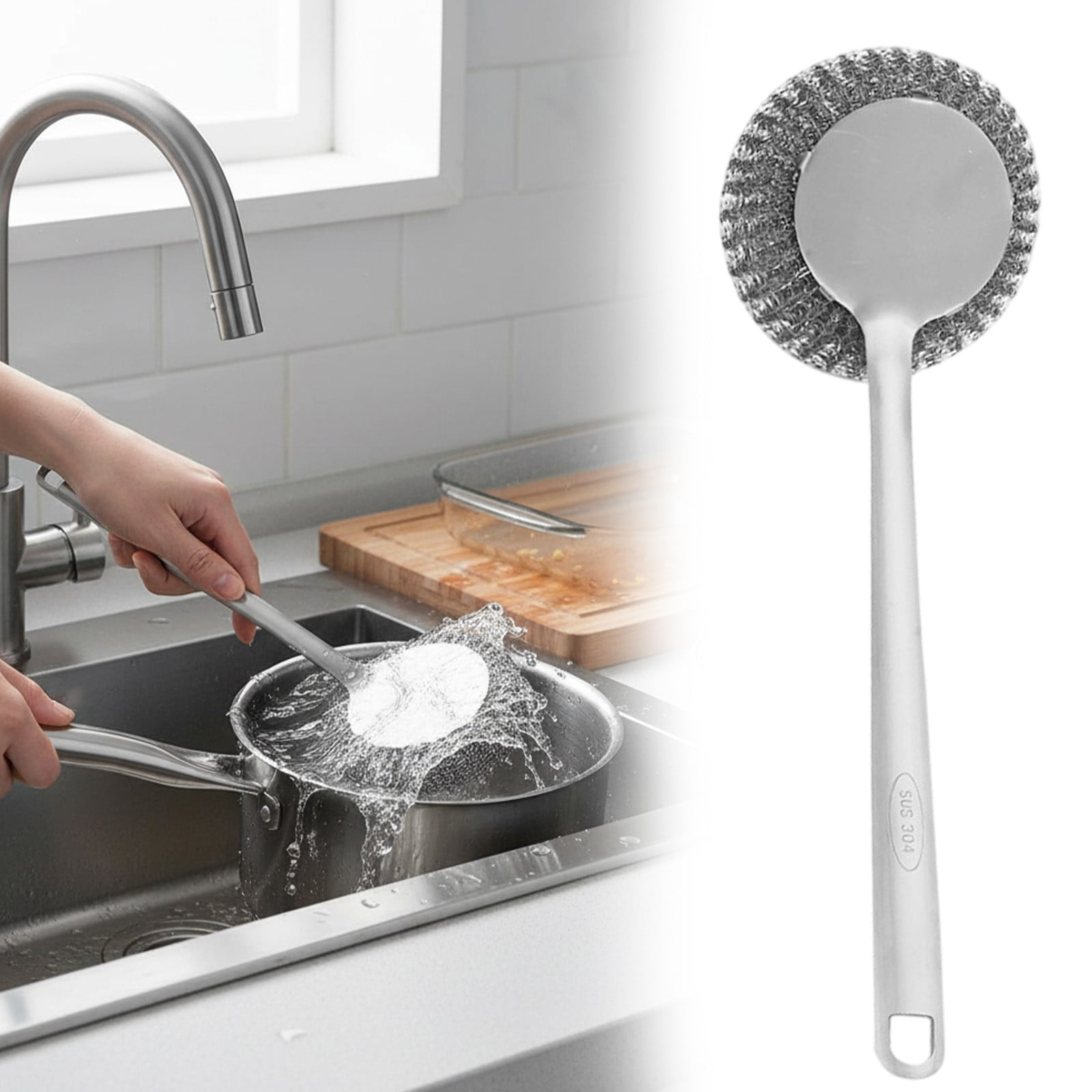 Long Handle Stainless Steel Scrubber, Non Scratch Dish Cleaning Brush ...