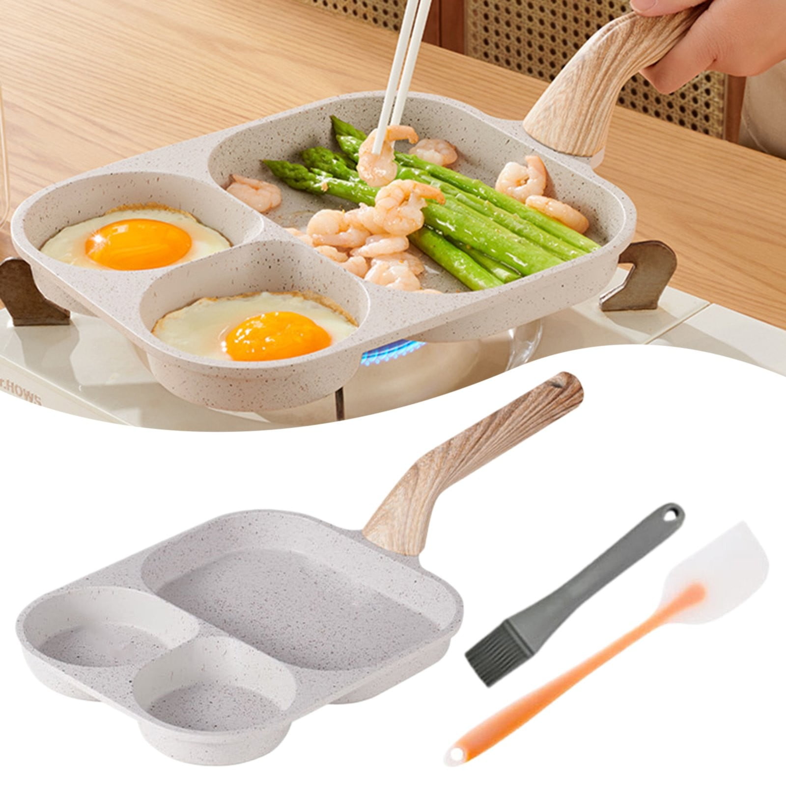 Long Handle Wooden Spoon Breakfast Frying Pan 3 Cup Egg Pan Nonstick ...
