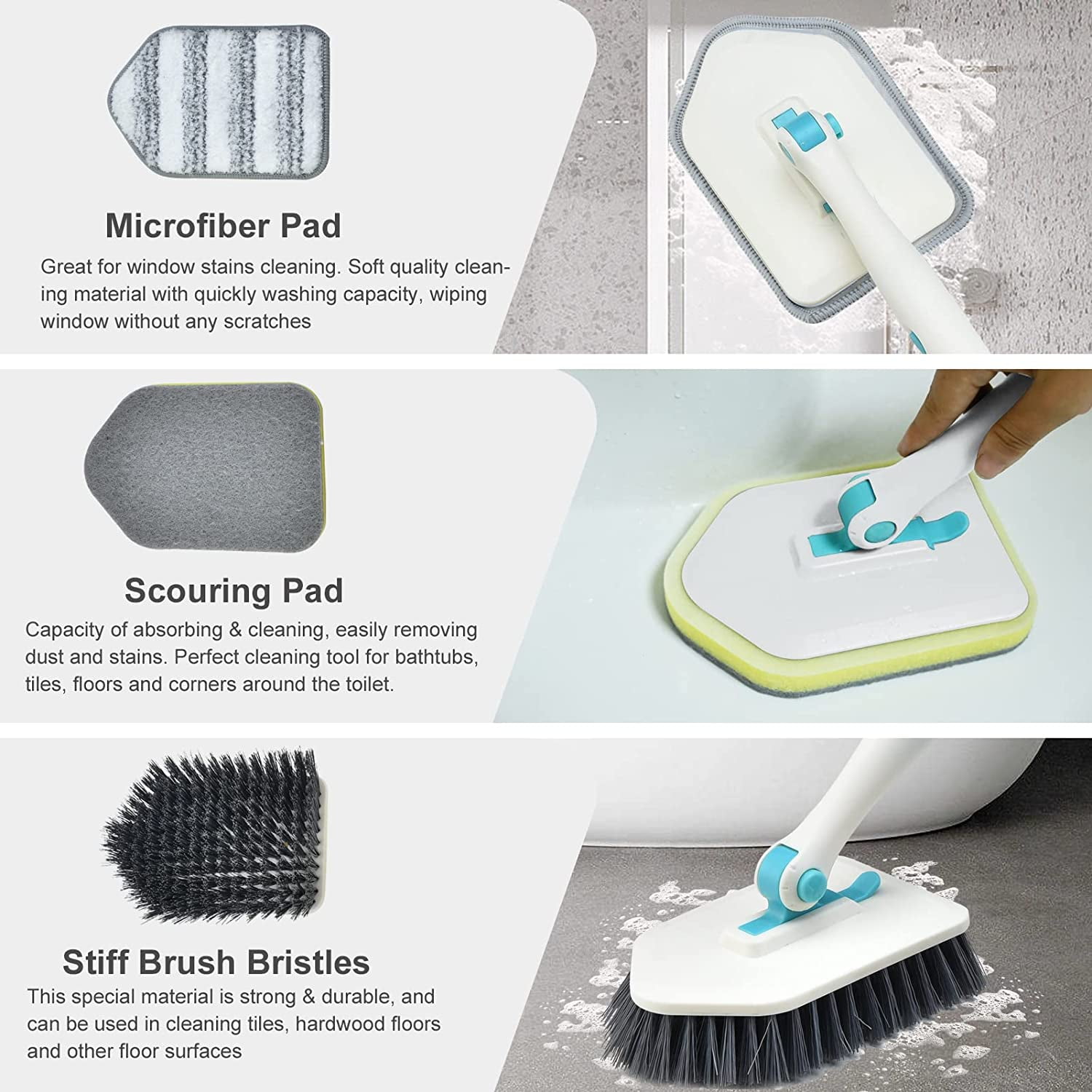 Long Handled Scrub Brush for Shower,3-in-1 Cleaning Brushes with 3 ...