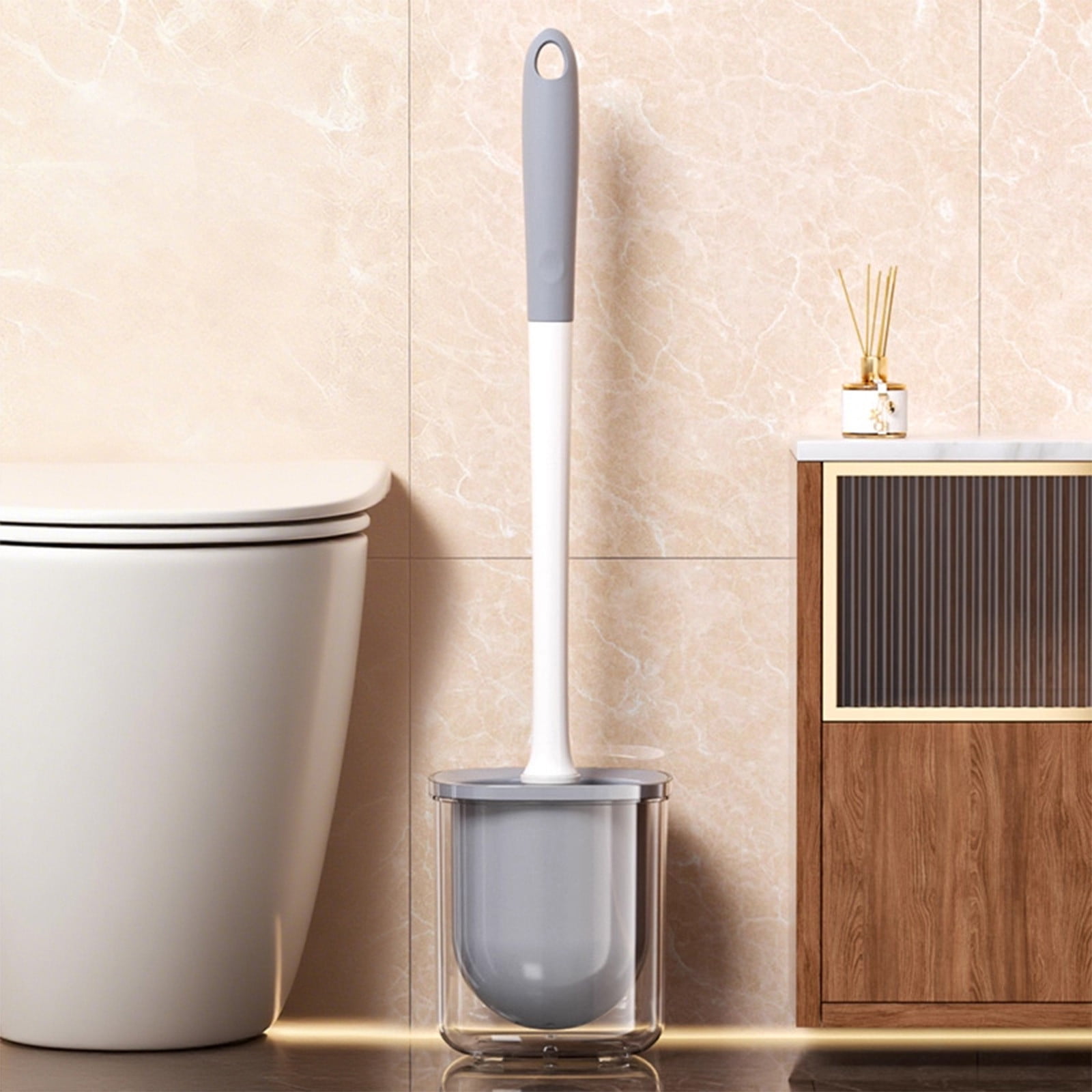 Long-Handled Wall-Mount Toilet Brush with Base, Round Head for Deep ...