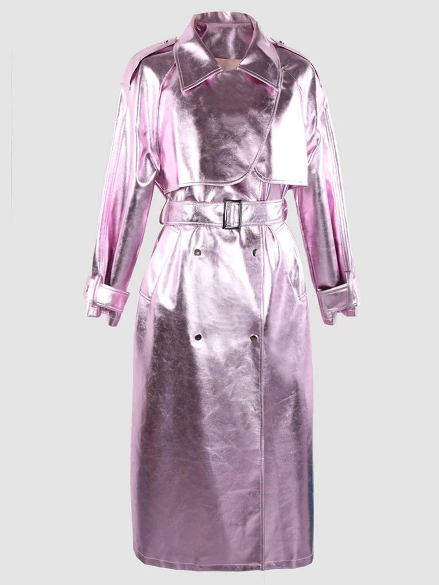 Long Hard Bright Pink Shiny Reflective Patent Faux Leather Trench Coat ...