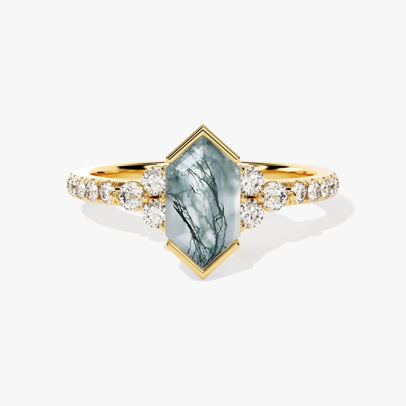 Long Hexagon Moss Agate Ring, Engagement Ring with Pave Set Diamond ...