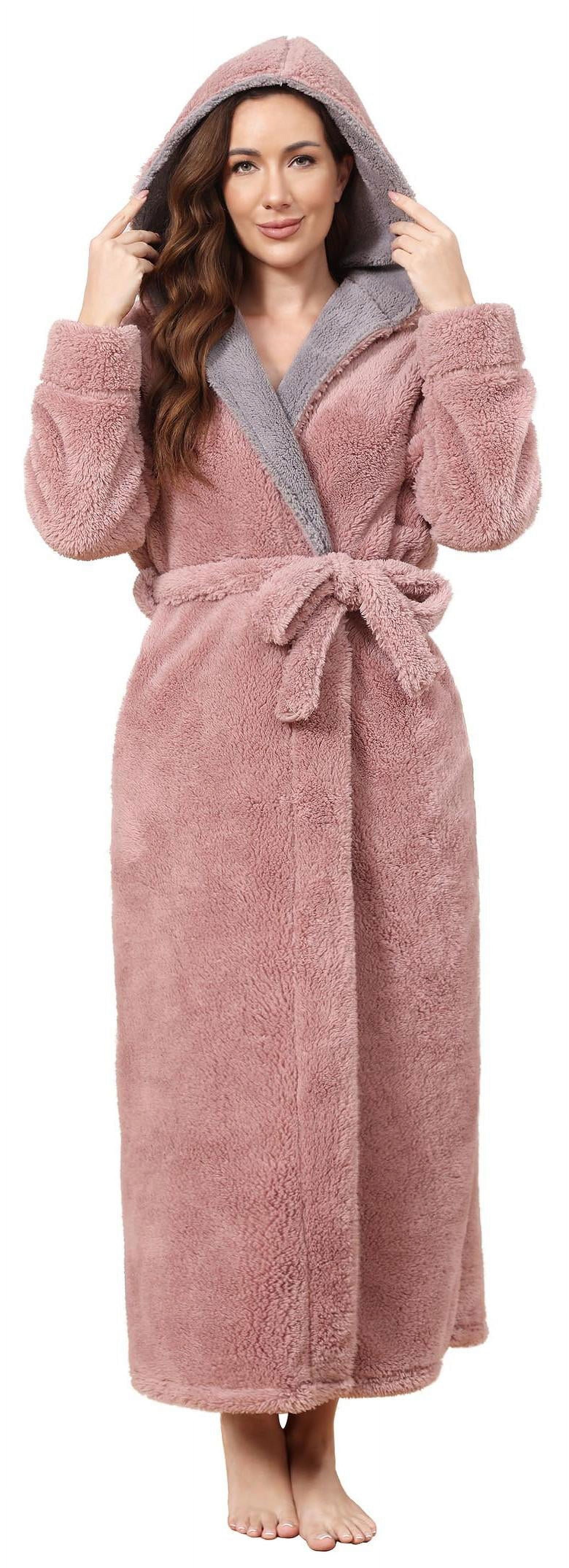 AMITOFO Women's Long Bathrobe - L, Brown, Warm Fleece, Hooded ...