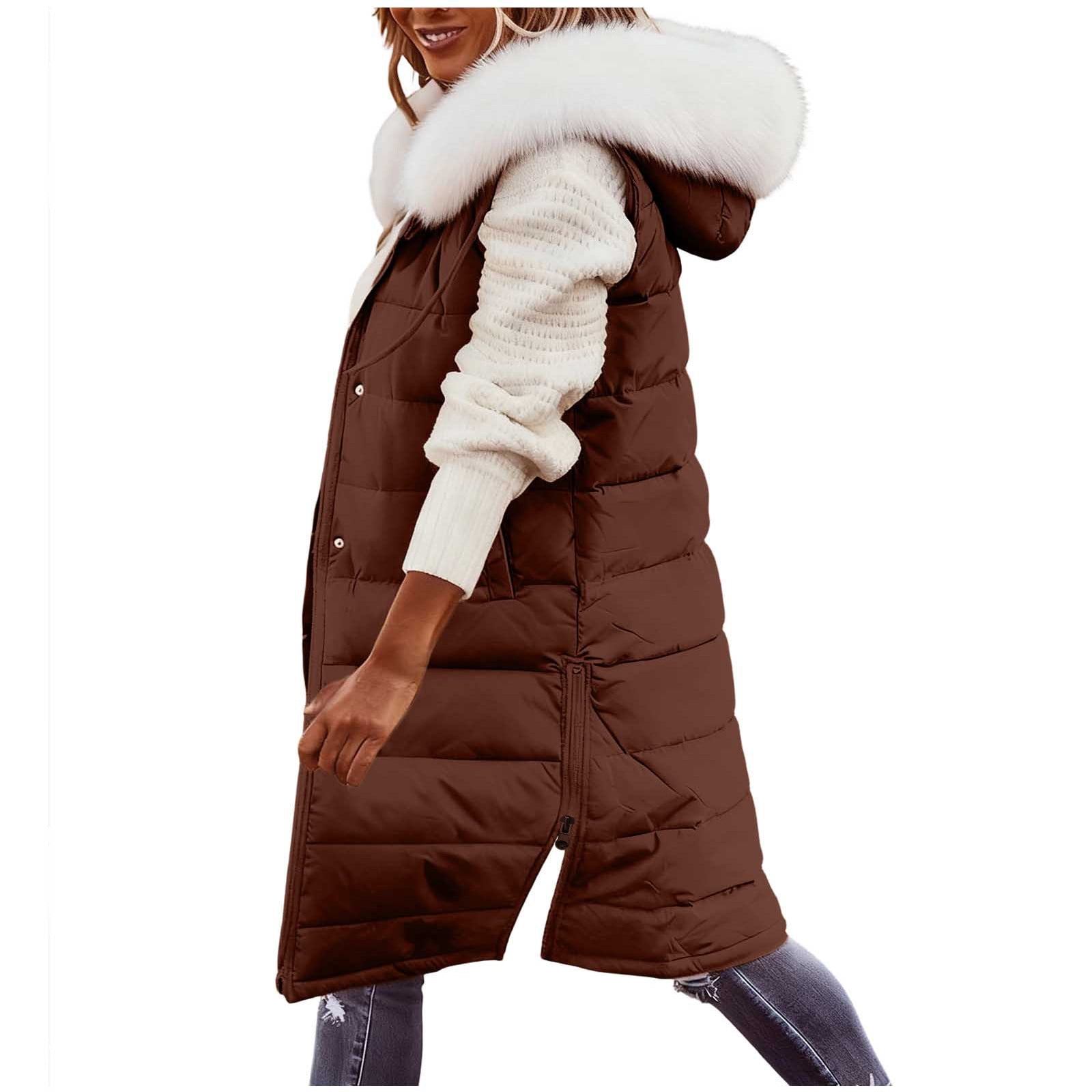 Long Hooded Vest for Women with Detachable Faux Furry Hood Collar Zip ...