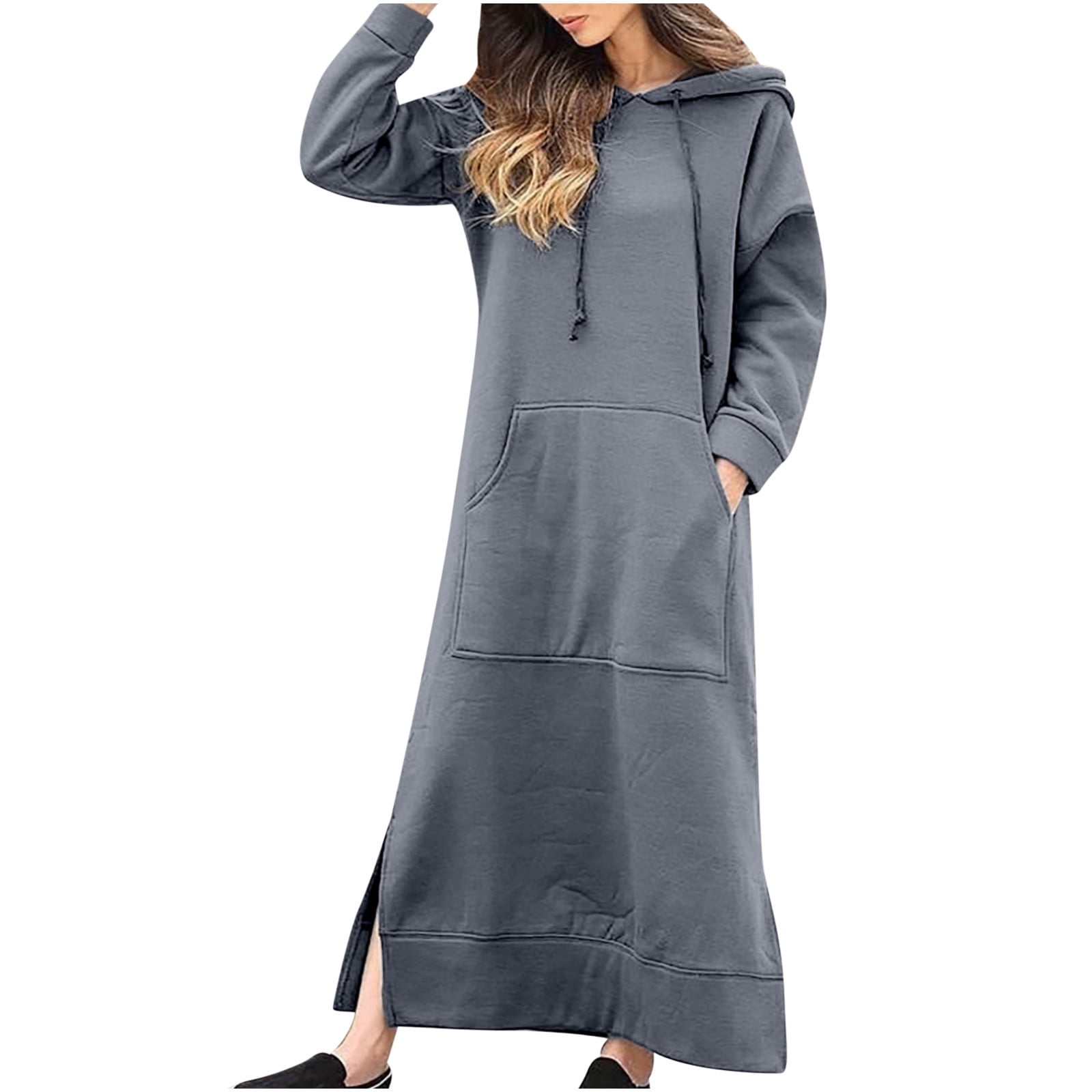 Long Hoodie Sweatshirt Dress with Pockets Cotton Fleece Hooded Pullover ...