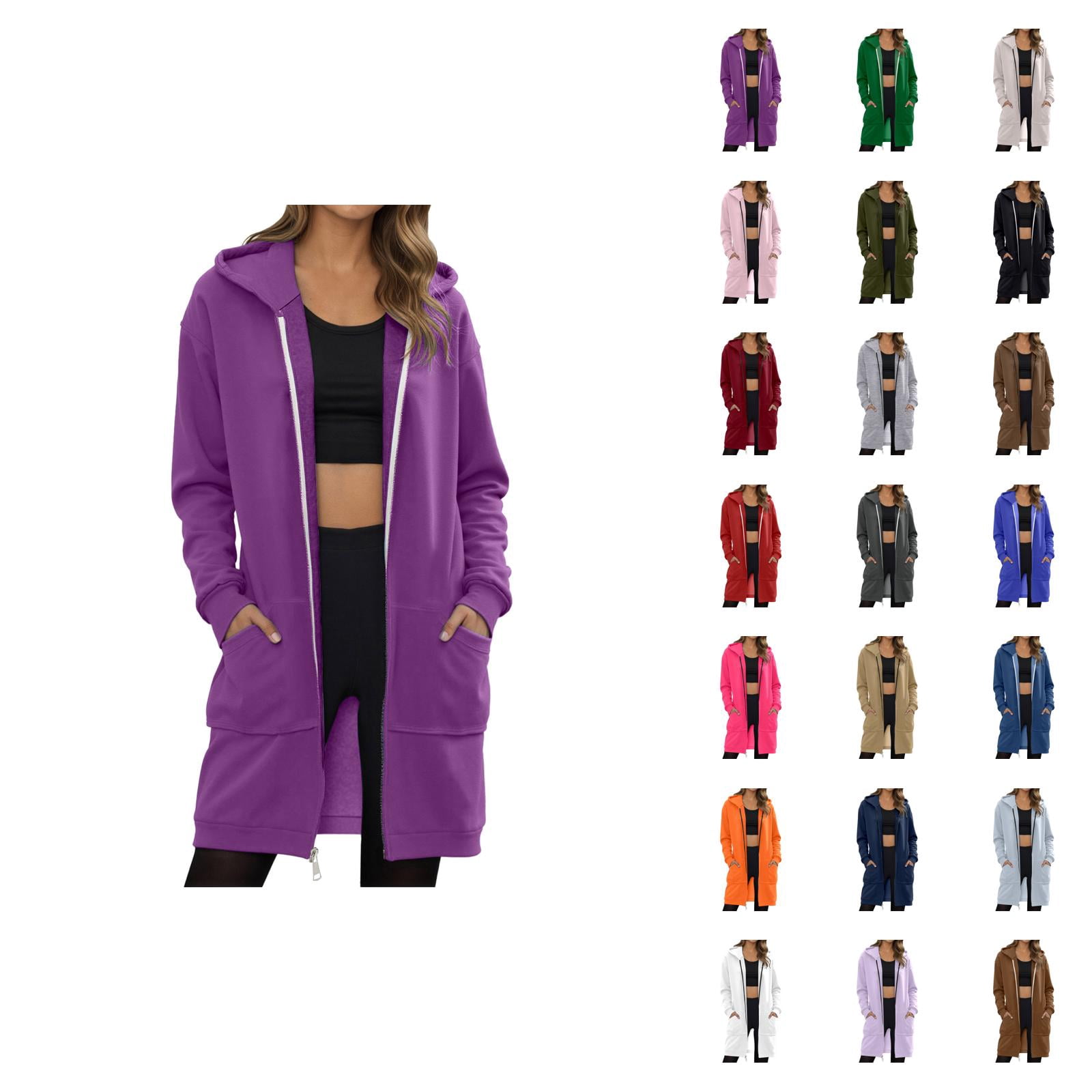 Long Hoodies for Women 2025 Full Zipper Plain Hoodie Dress with Pockets ...