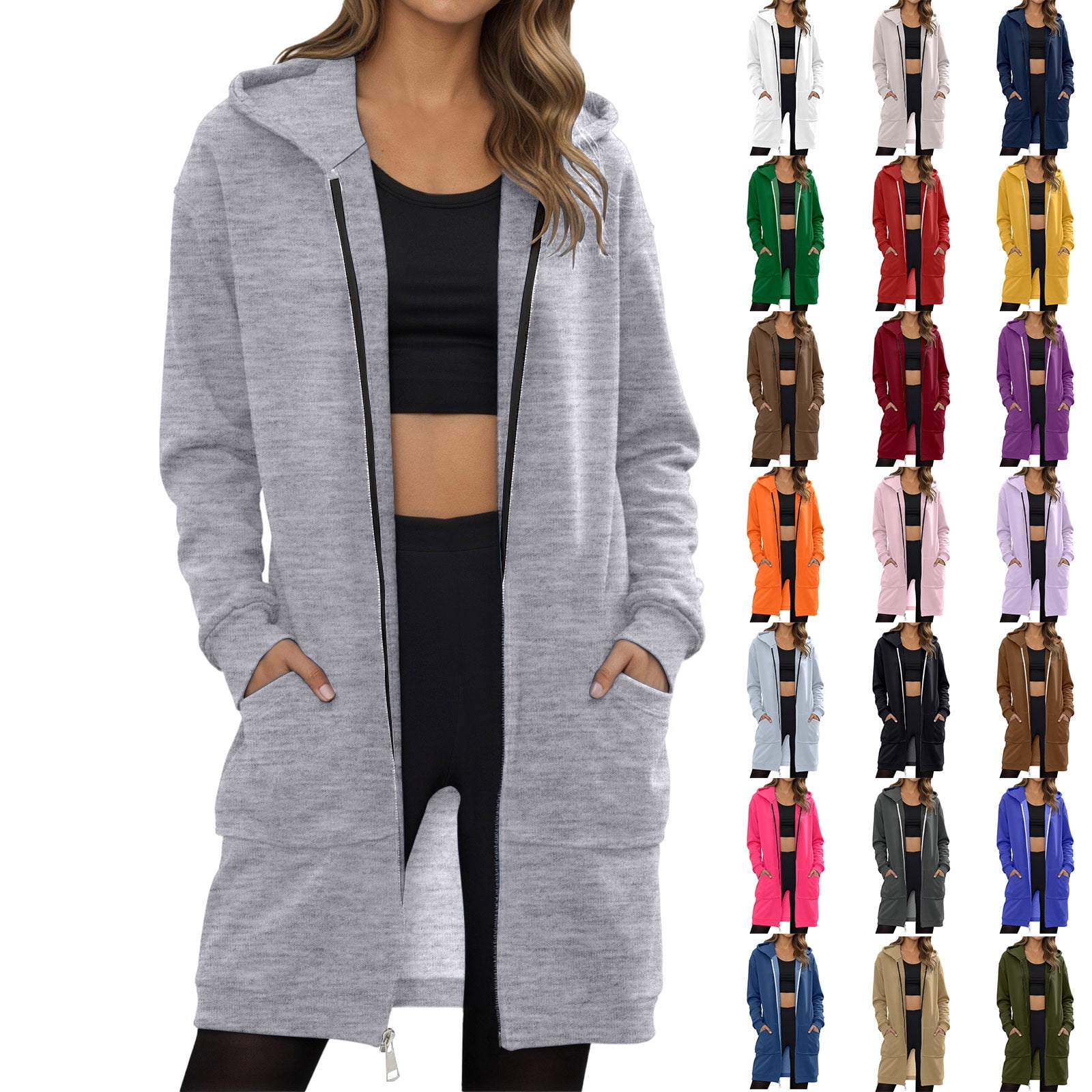 Long Hoodies for Women Zip Up Double Zipper Fleece Jacket Tunic ...