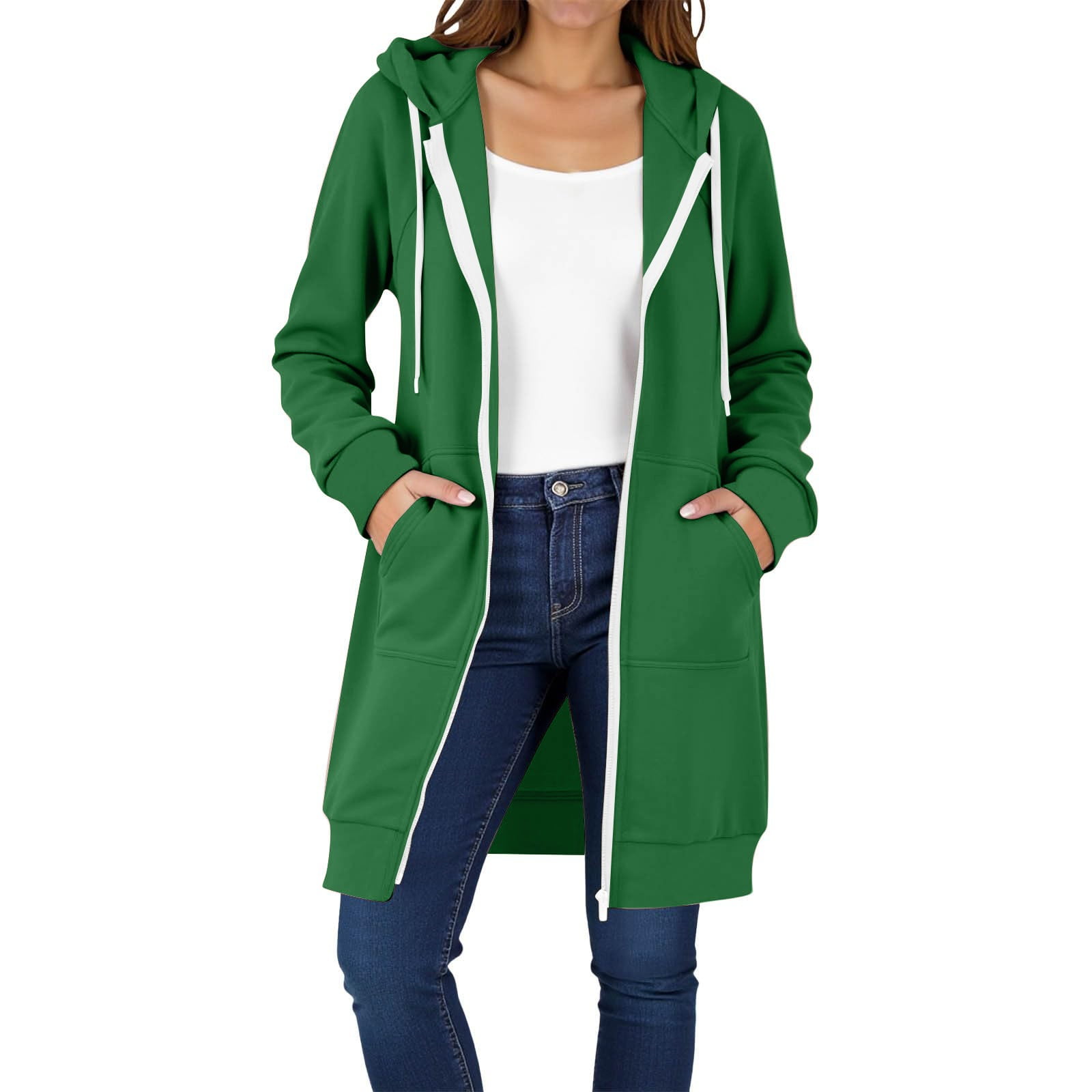 Long Hoodies for Women Zip Up Double Zipper Fleece Jacket Tunic ...