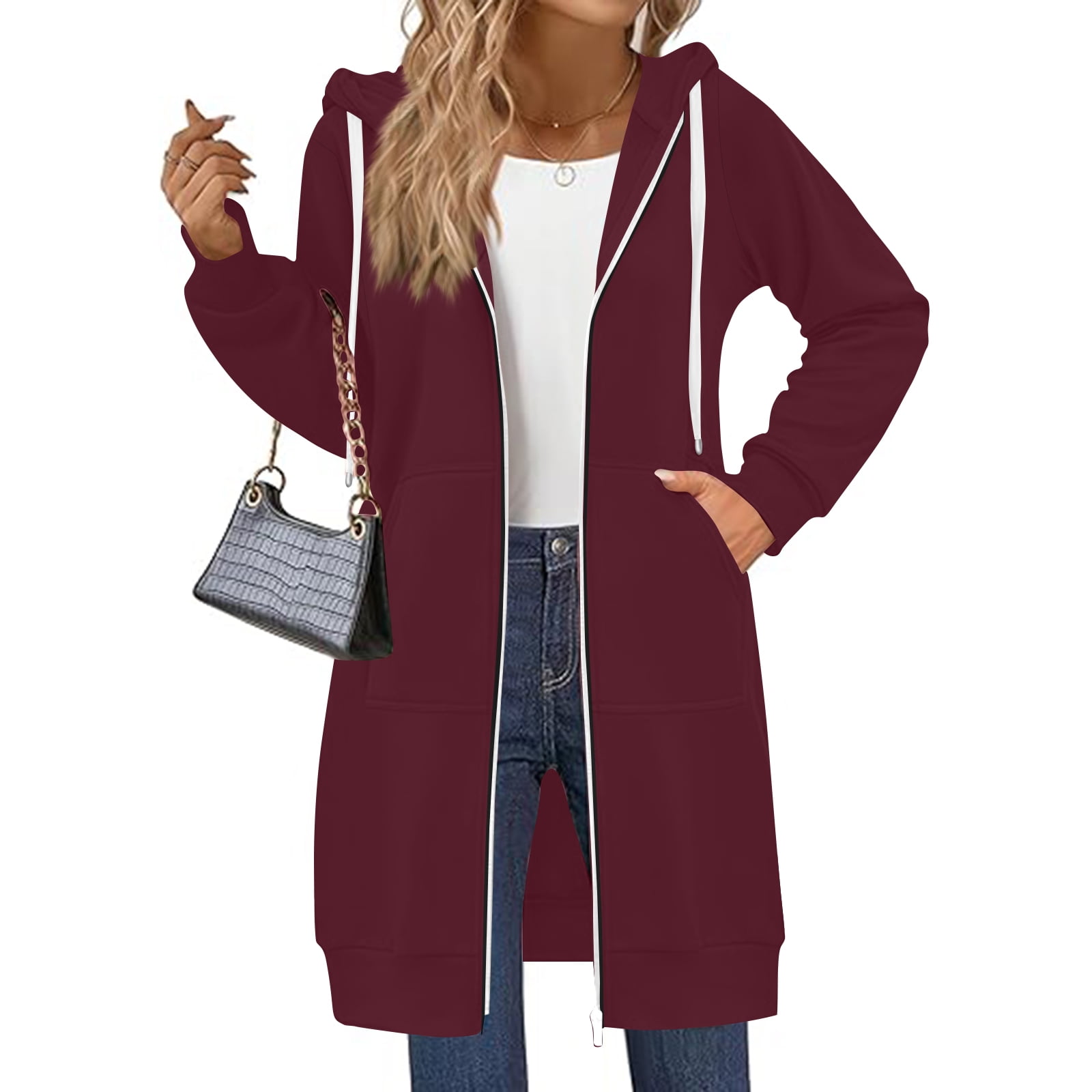 Long Hoodies for Women Zip Up Double Zipper Jacket With Pockets Tunic ...