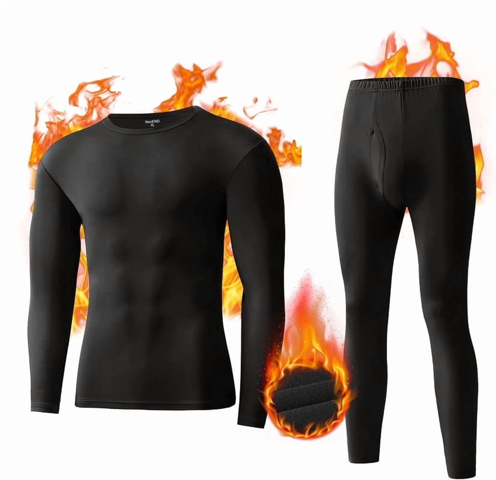 Long Johns Crewneck Thermal Underwear Set for Men Fleece Lined Winter ...