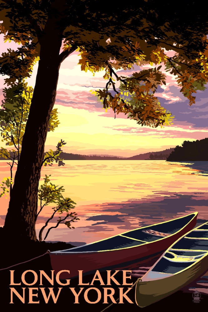 Long Lake, New York, Canoes and Lake at Sunset (24x36 Giclee Gallery ...