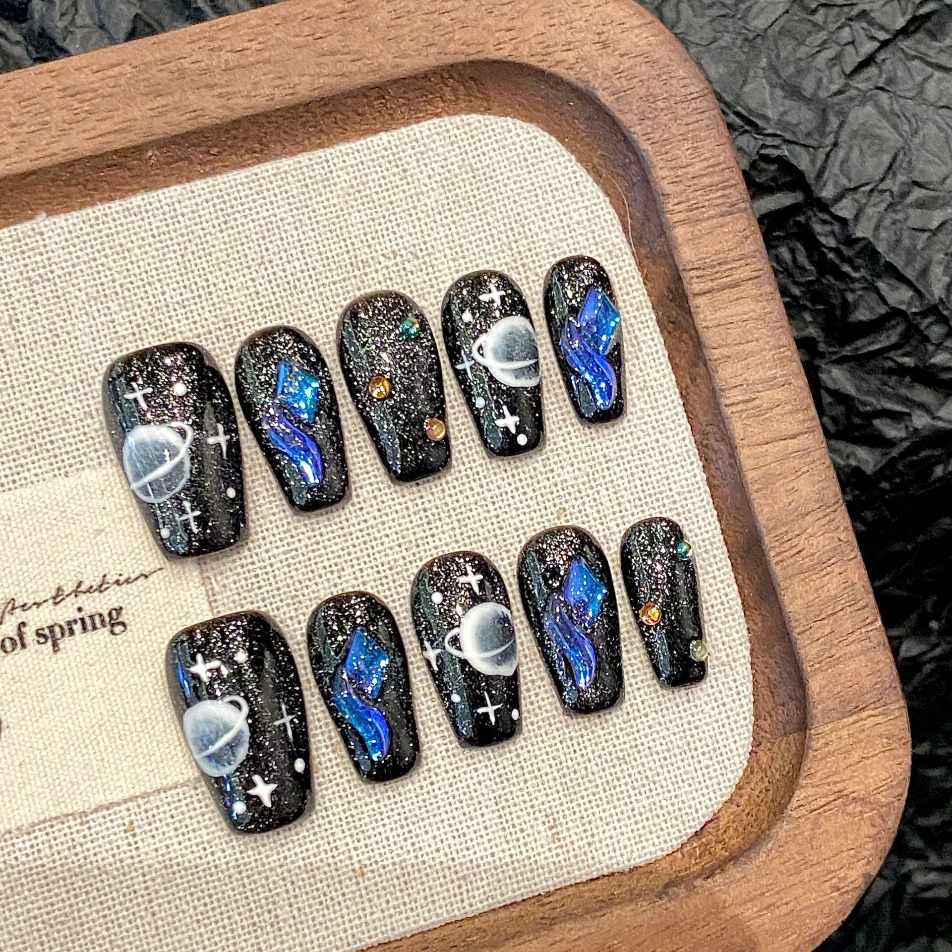 Long Lasting French Tips Short Black Space Themed Press On Nails ...