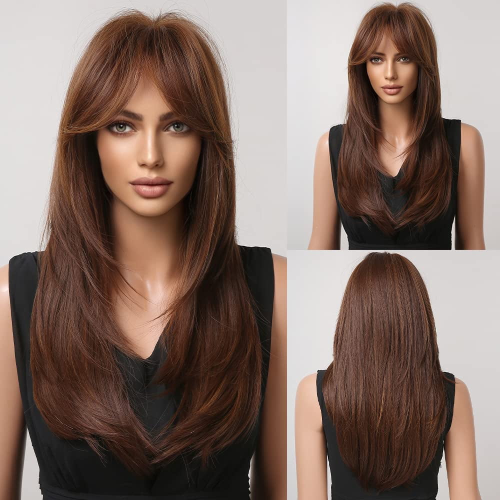 Long Layered Wigs for Women Middle Part Synthetic Hair Wig with Bangs ...