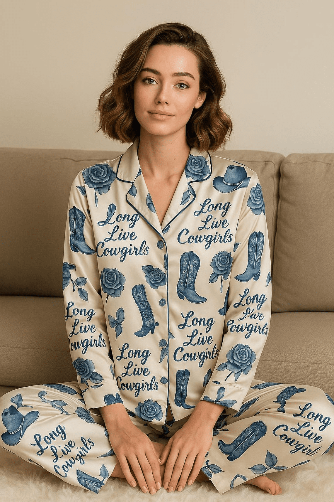 Long Live Cowgirls Satin Pajamas Set • Western All-Over Print ...