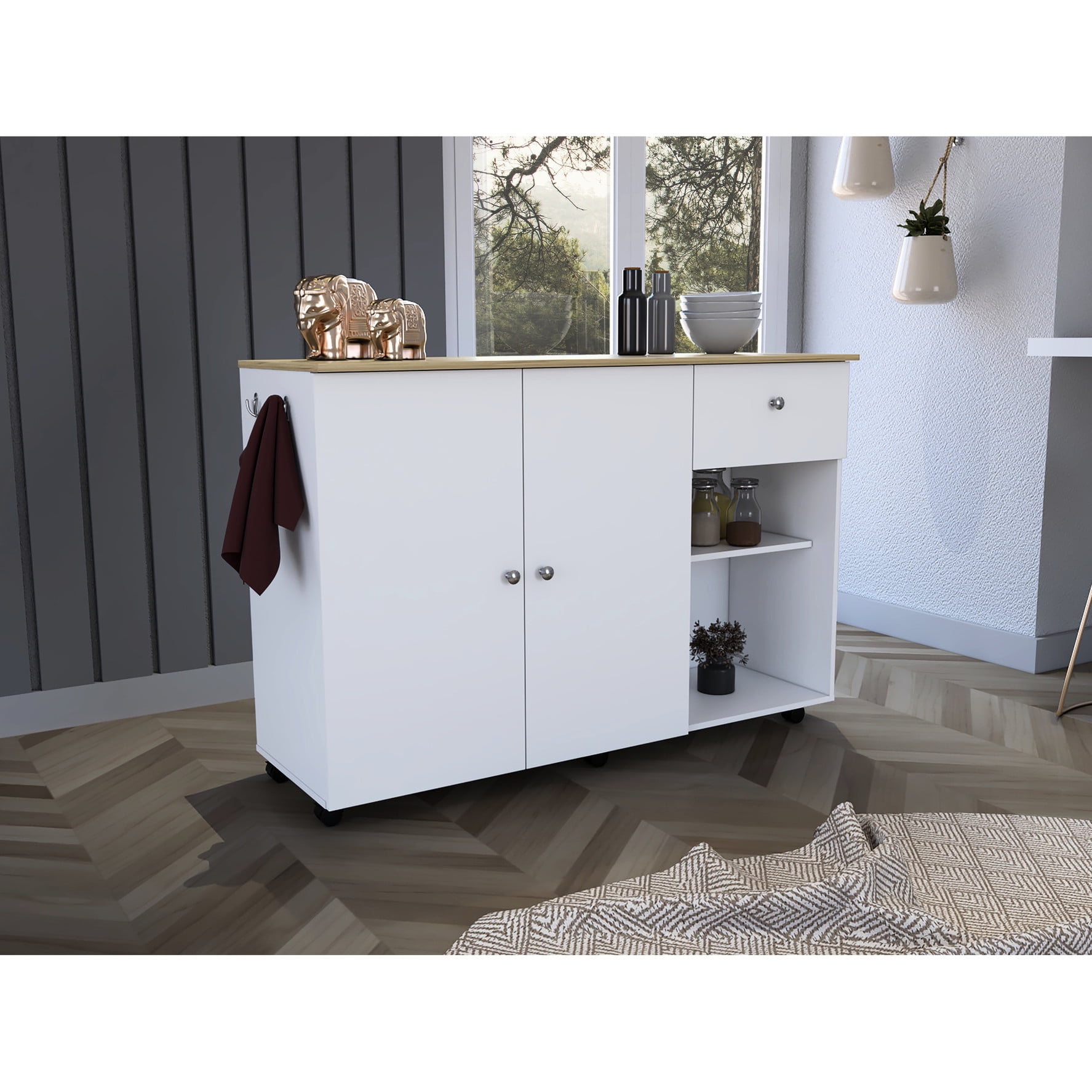 Long Narrow Countertop - White/Pine Kitchen Island Cart for Any Room ...