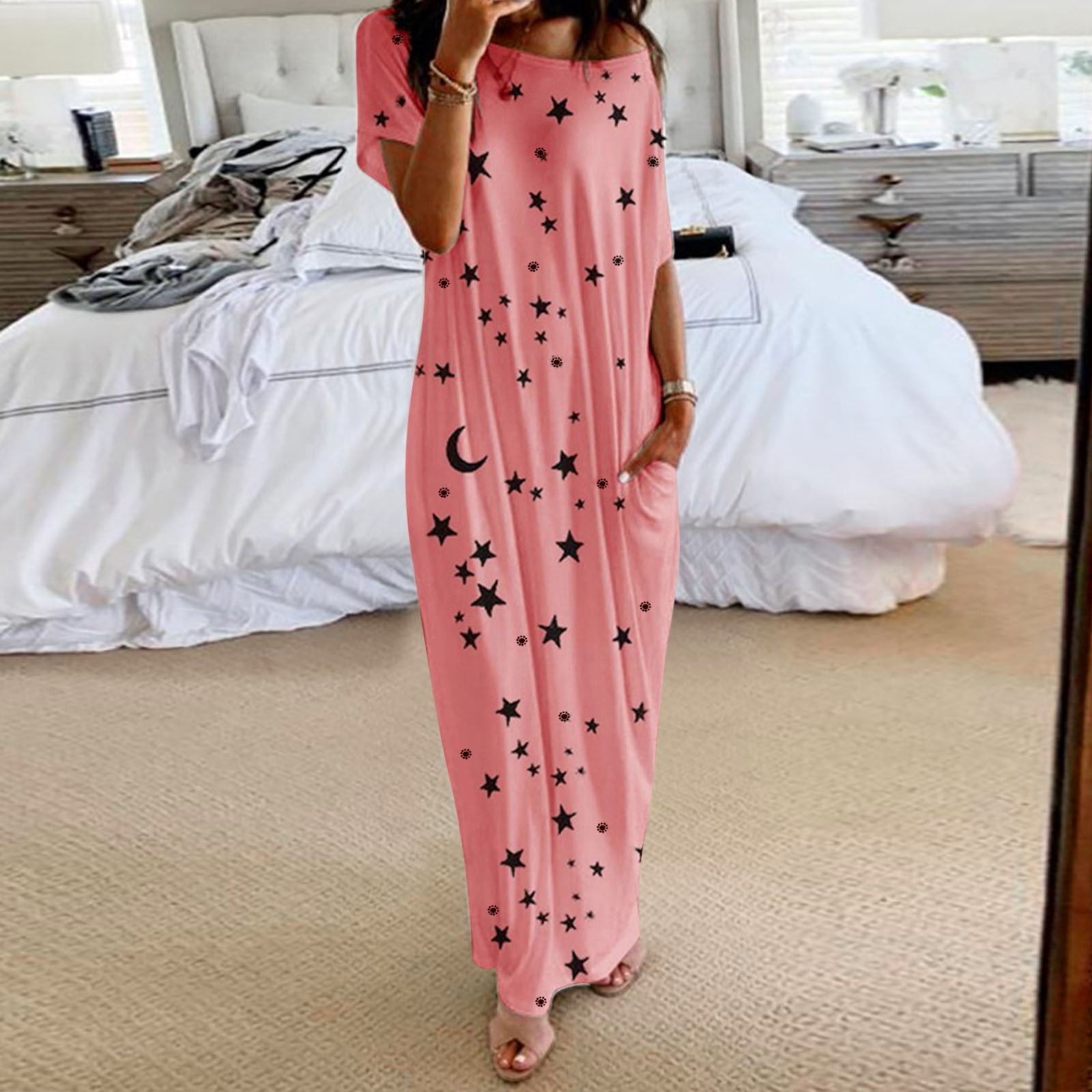 Long Nightgown, Womens Round Neck Loungewear Oversized Sleepwear Loose ...