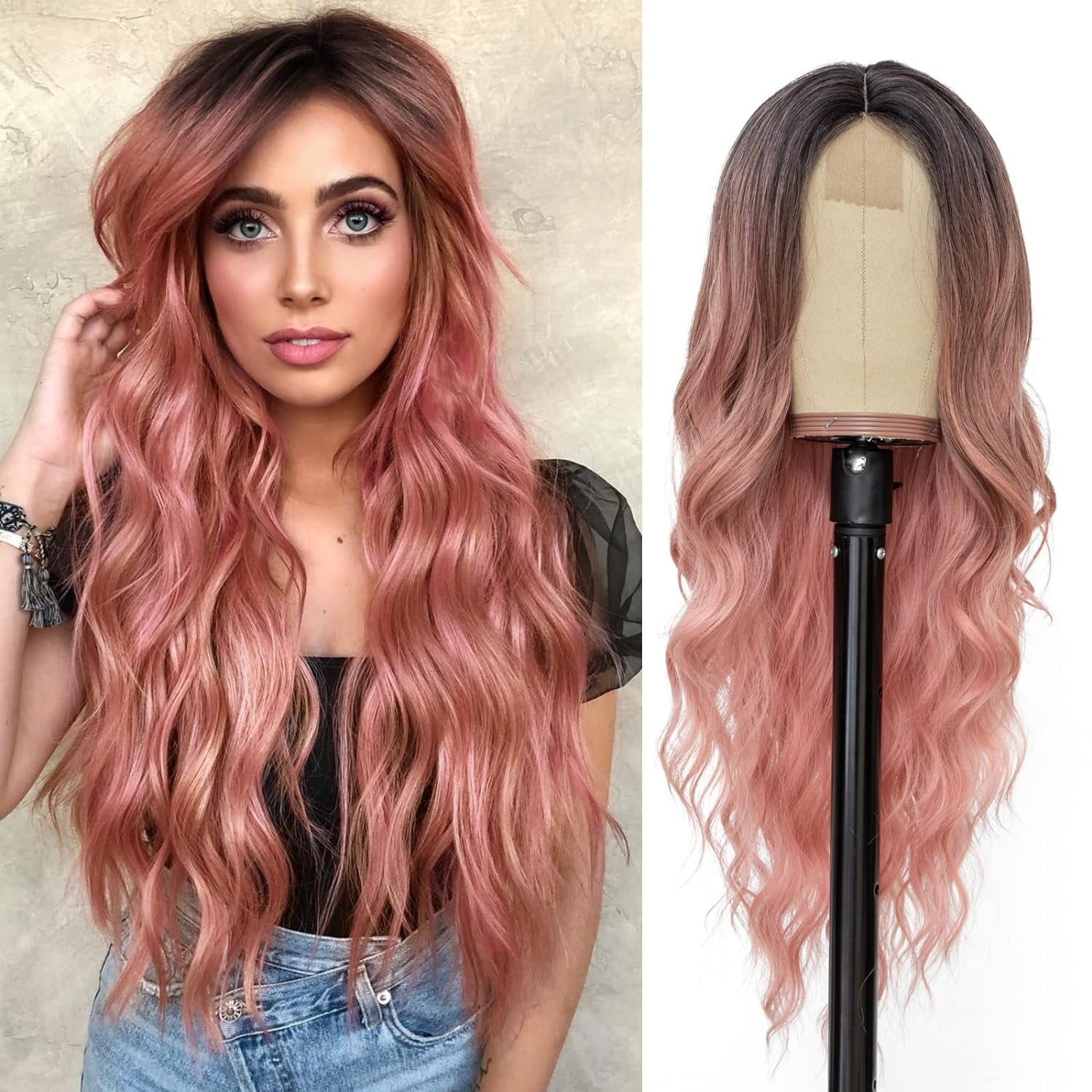 Long Ombre Pink Wavy Wig for Women 26 Inch Middle Part Curly Wavy Wig ...
