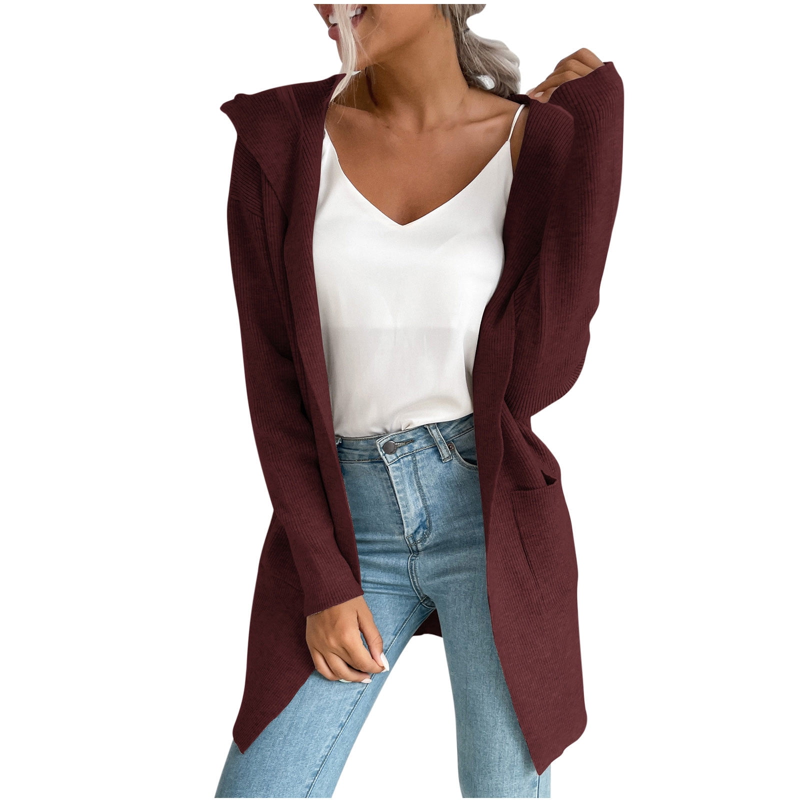 Long Open Front Hooded Cardigan for Women Ribbed Knit Solid Color Long ...