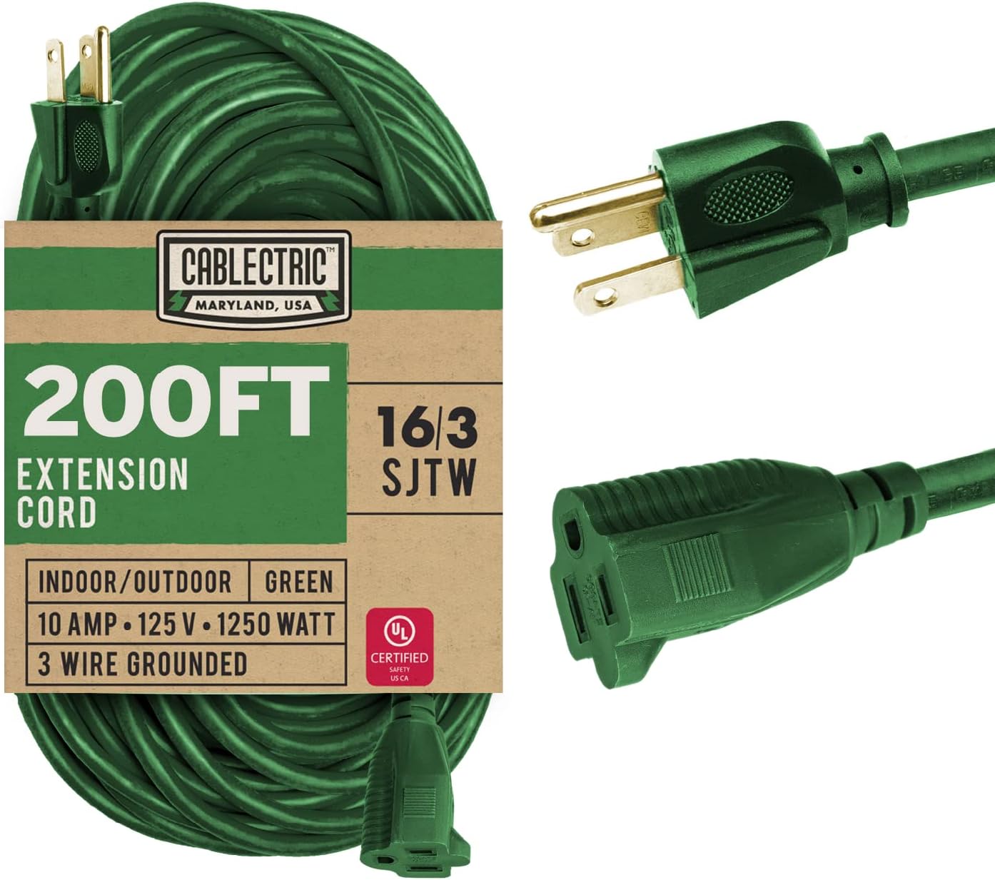 Long Outdoor Extension Cord 200 ft - 16/3 SJTW Green Extension Cord 3 ...