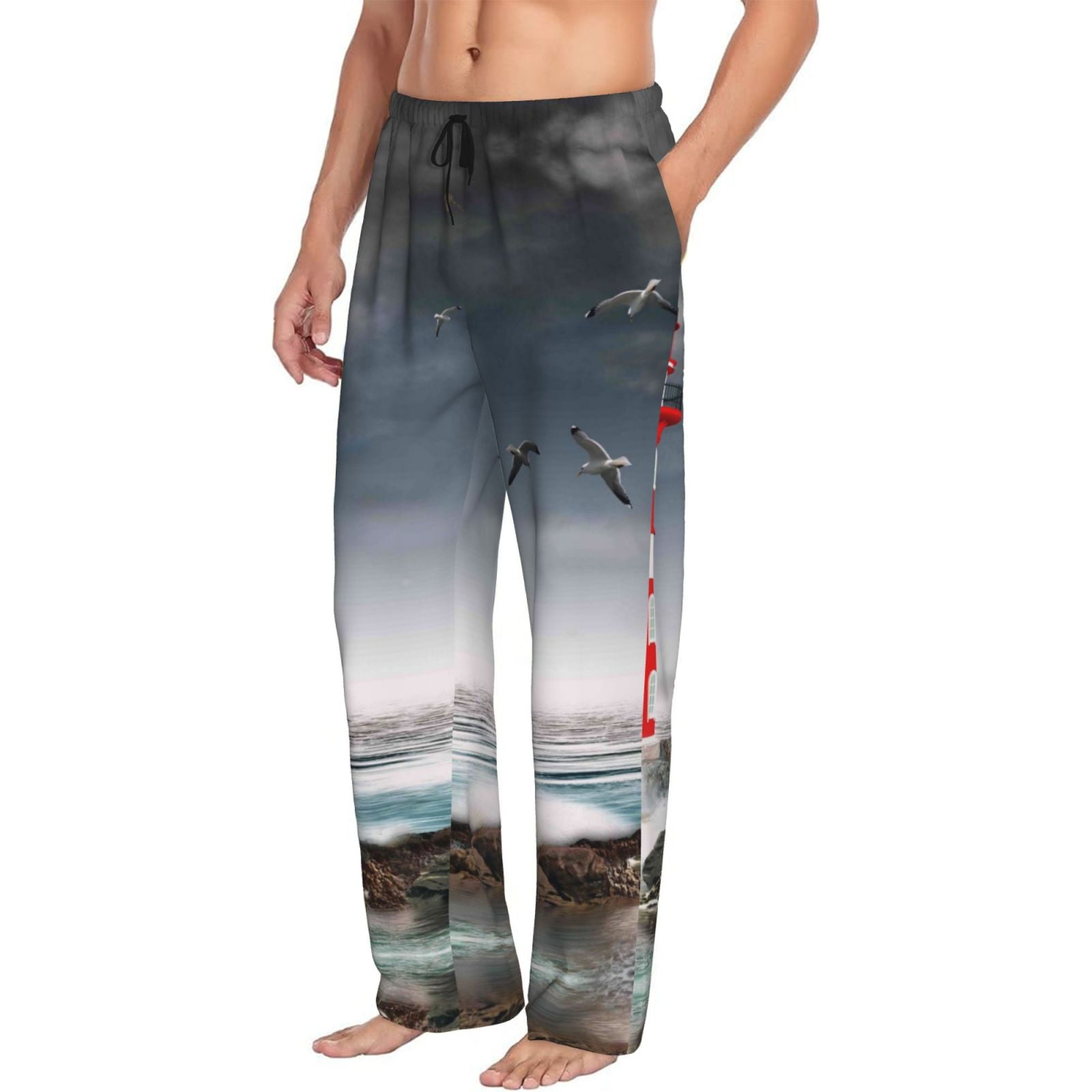 Long Pajama Pants for Men, 3d Lighthouse in the Surf Comfort Mens ...