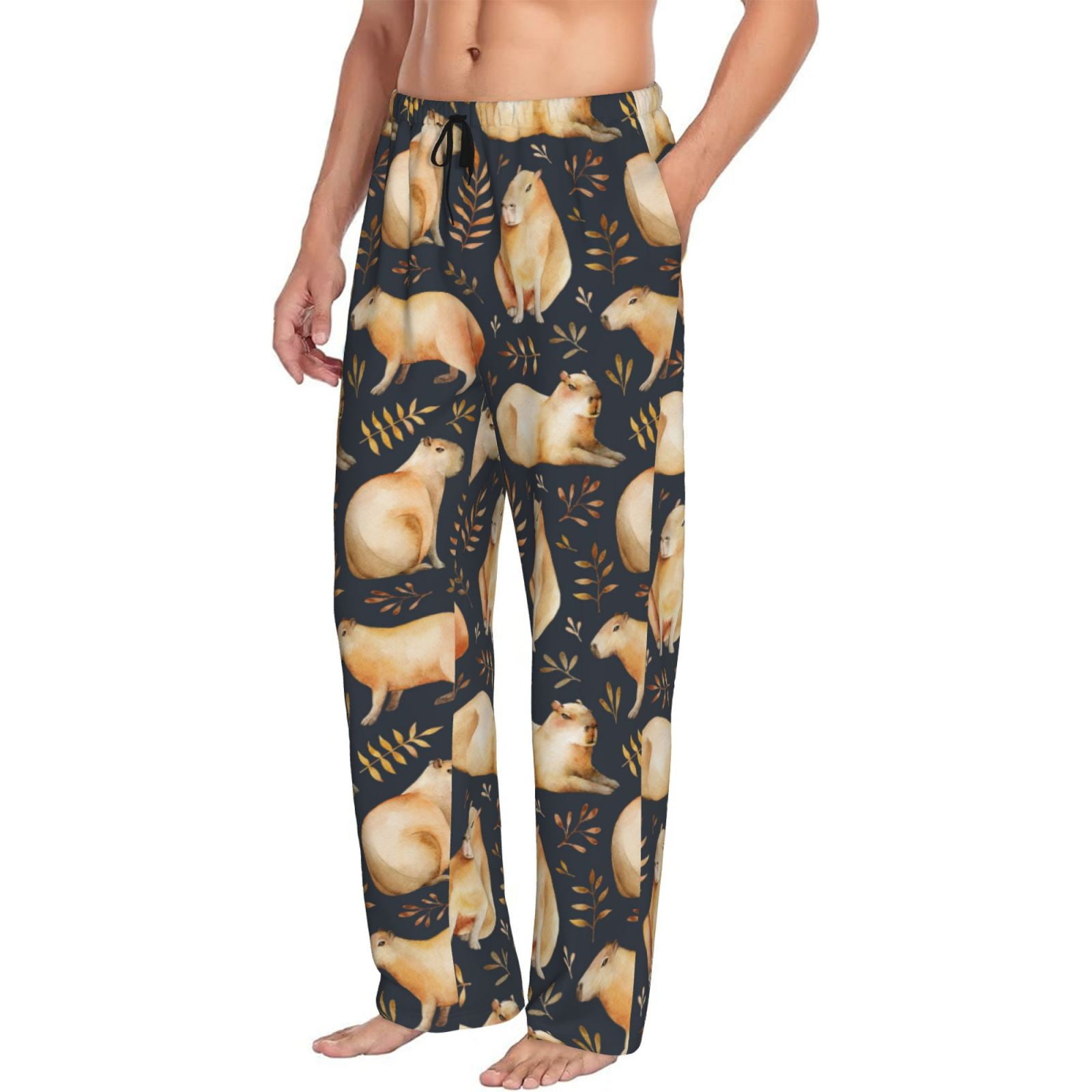 Long Pajama Pants for Men, Capybara Leaf Comfort Mens Bottoms Sleep Pants with Pockets, Soft Pj ...
