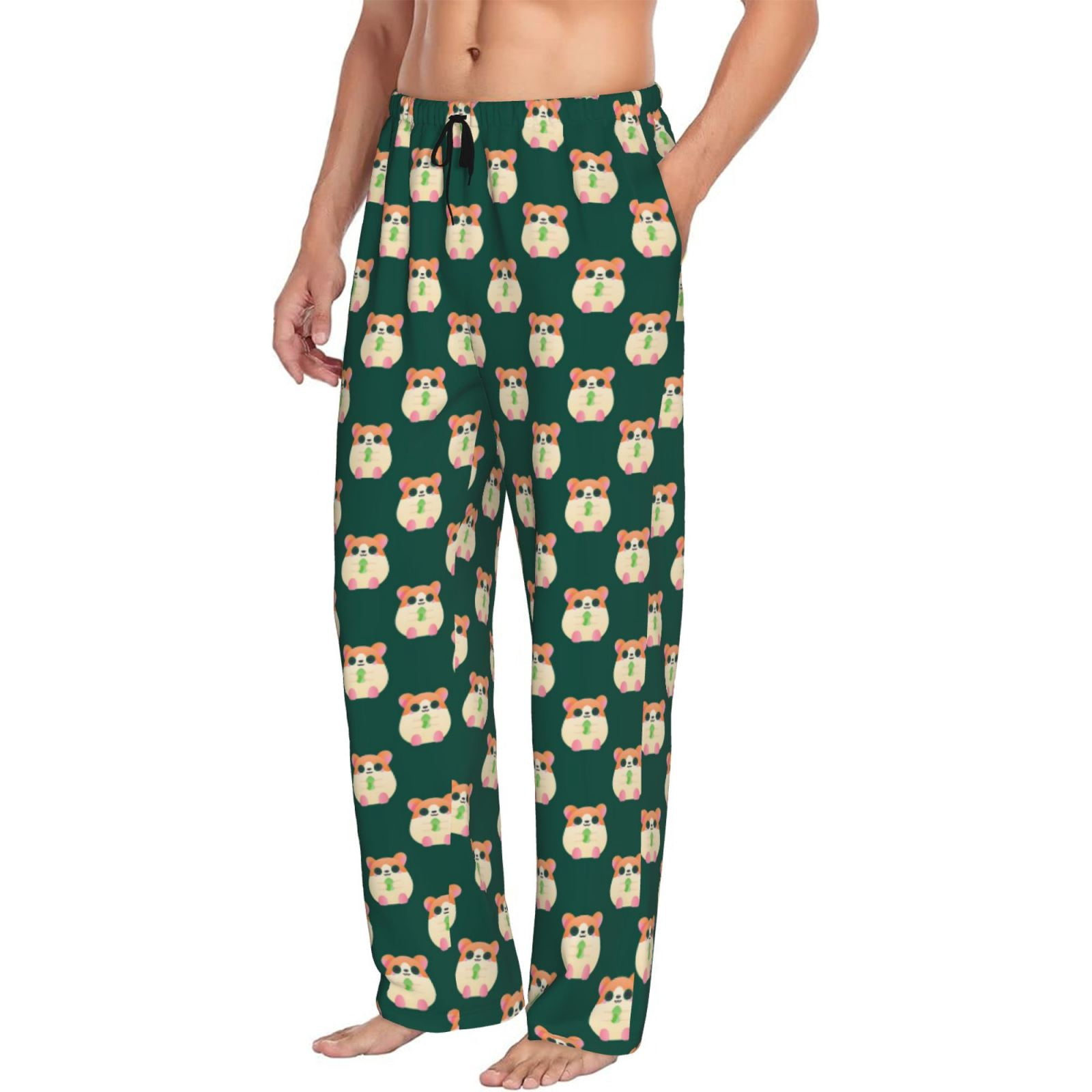 Long Pajama Pants for Men, Cartoon Cute Hamster Green Comfort Mens ...