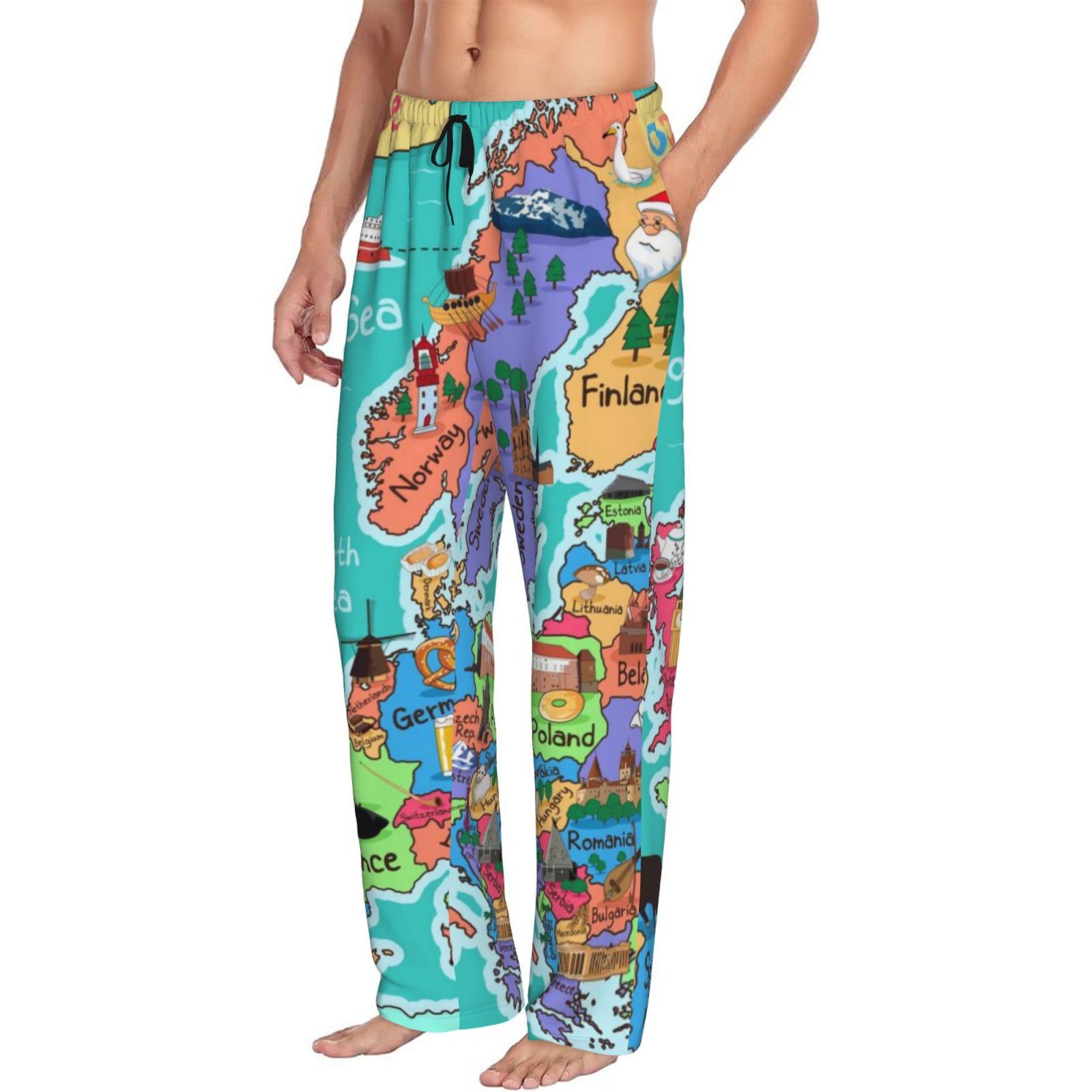Long Pajama Pants for Men, Cartoon Map Of Europe Comfort Mens Bottoms ...