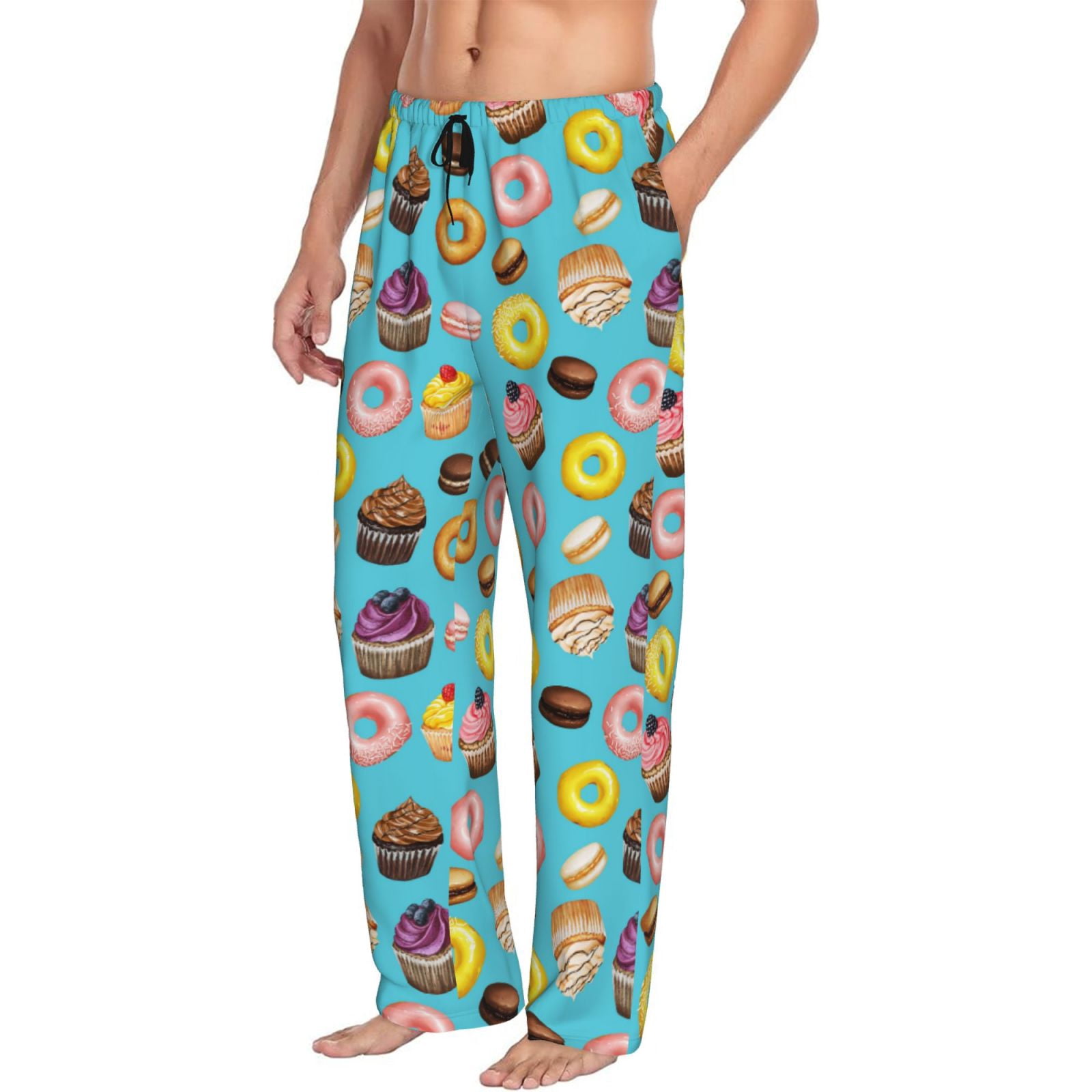 Long Pajama Pants for Men, Cupcake Donut Macaroon Prints Comfort Mens ...