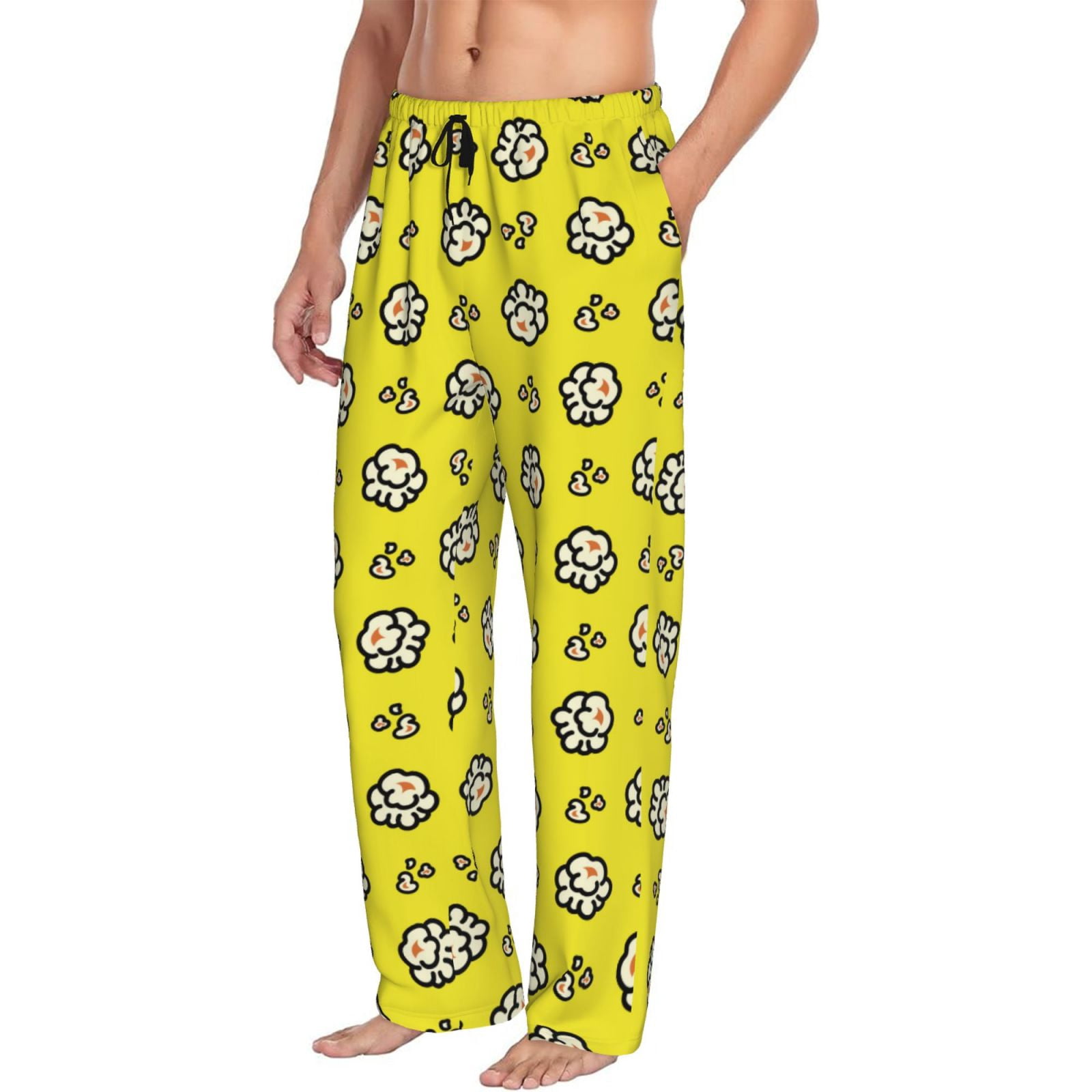 Long Pajama Pants for Men, Cute Popcorn Yellow Comfort Mens Bottoms ...
