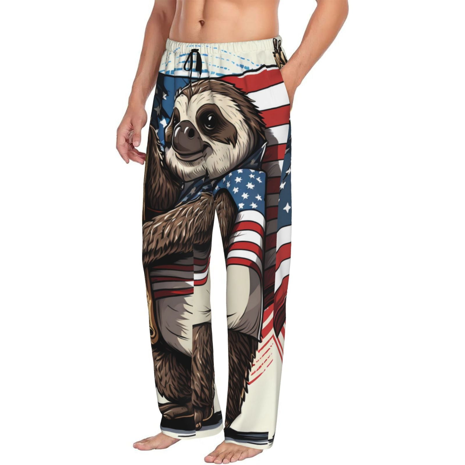 Long Pajama Pants for Men, Cute Sloth American Flag Comfort Mens ...