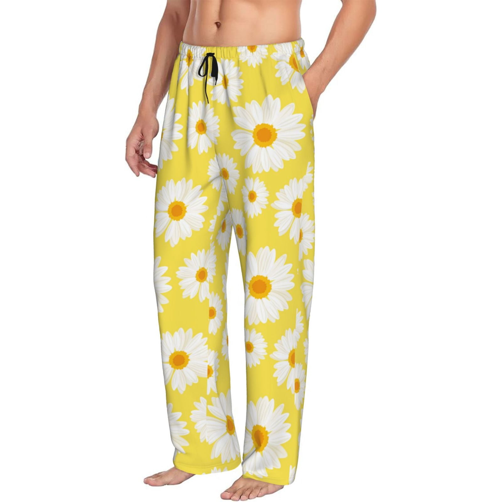 Long Pajama Pants for Men, Daisies Flowers Yellow Comfort Mens Bottoms ...