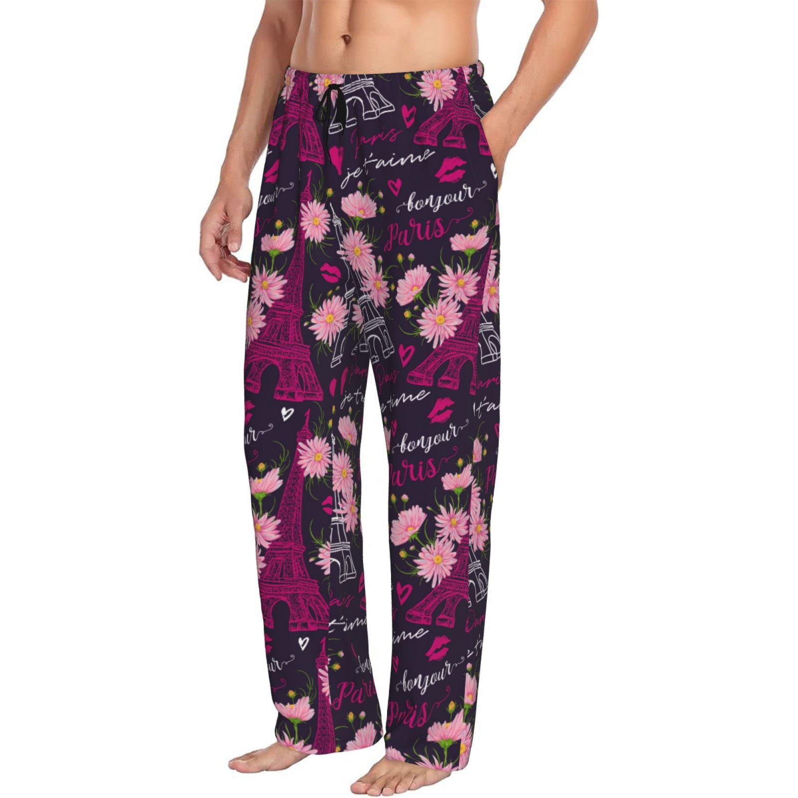 Long Pajama Pants for Men, Eiffel Tower flower pink Comfort Mens ...