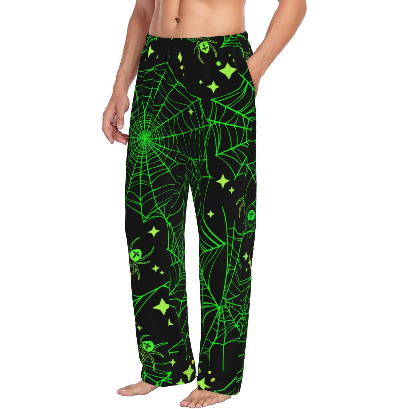 Long Pajama Pants for Men, Green Bright Web with Spiders Comfort Mens Bottoms Sleep Pants with ...
