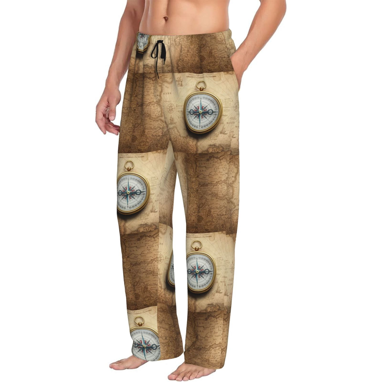 Long Pajama Pants for Men, Magnetic Old Compass On World Map Comfort ...
