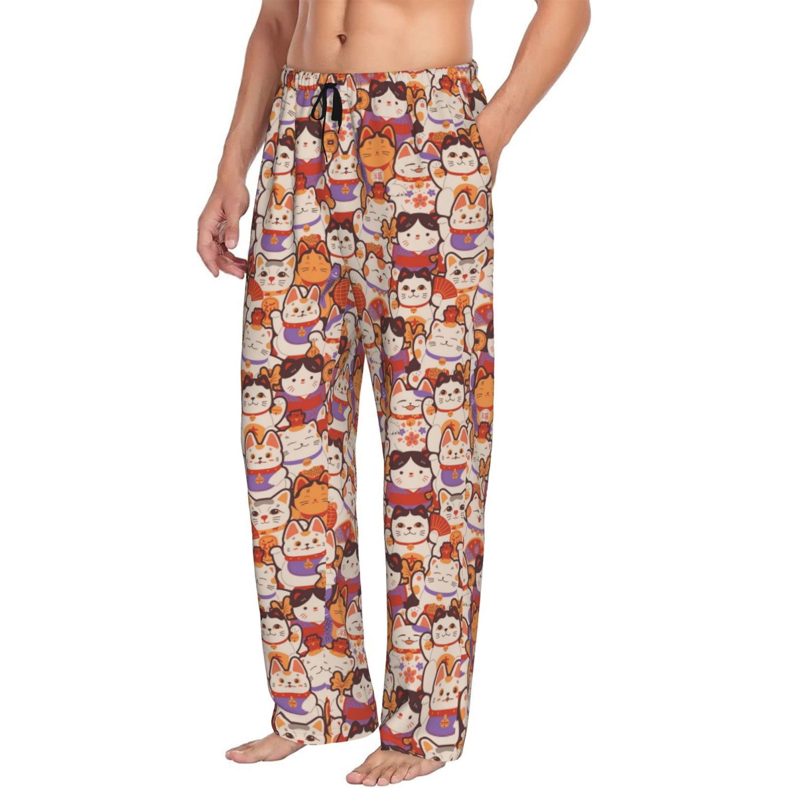Long Pajama Pants for Men, Maneki-Neko Cats Comfort Mens Bottoms Sleep ...