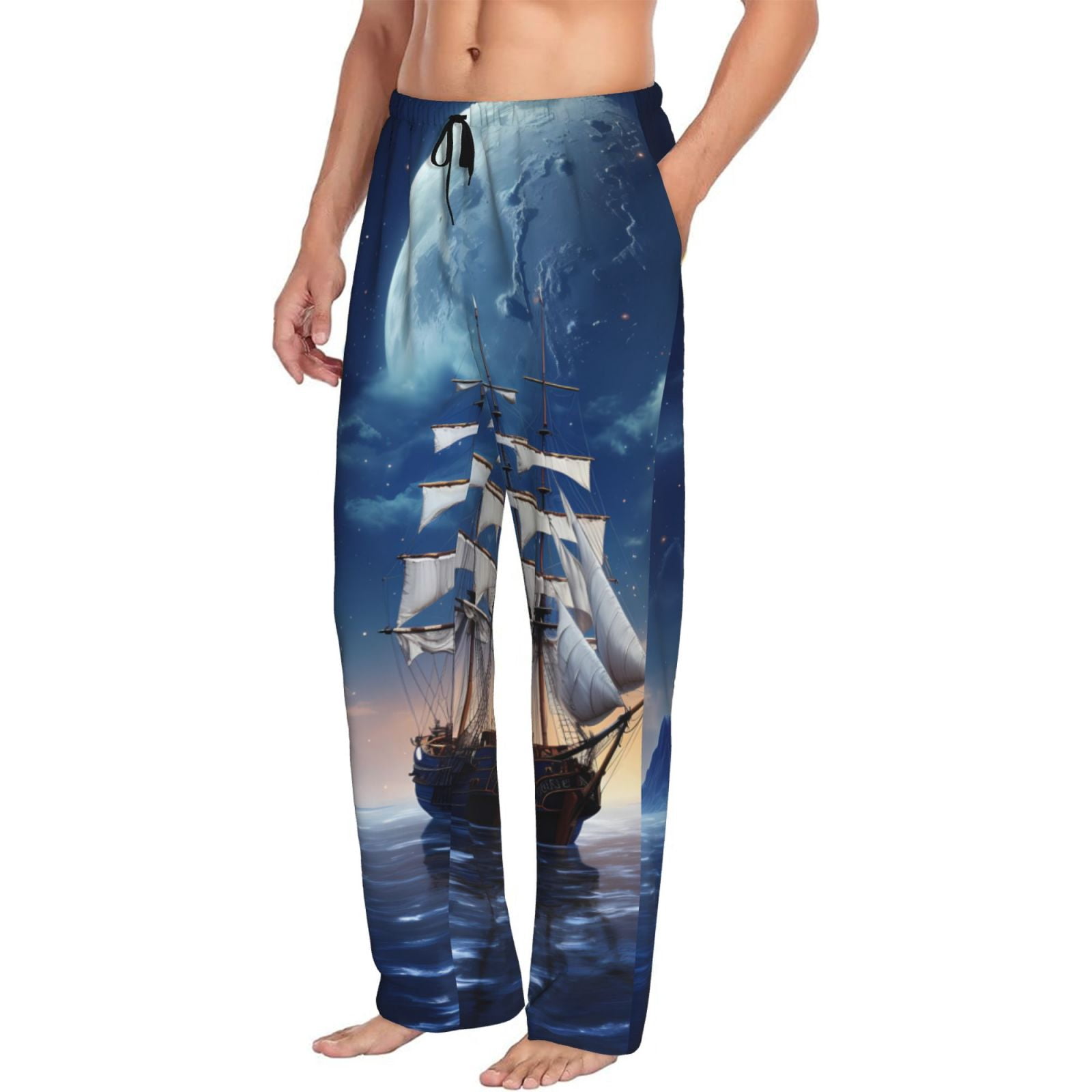 Long Pajama Pants for Men, Moonlit Night Sea Sailboat Comfort Mens ...