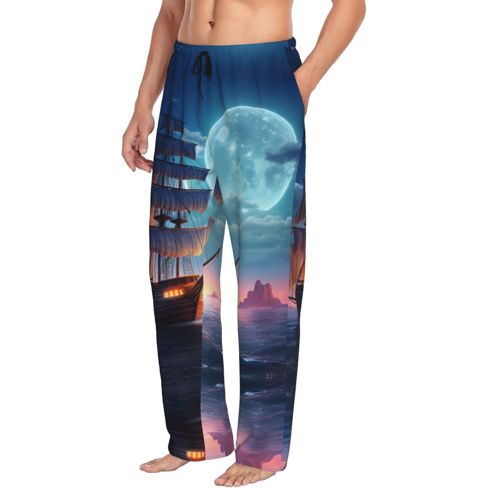 Long Pajama Pants for Men, Moonlit Night Sky Sailboat Comfort Mens ...