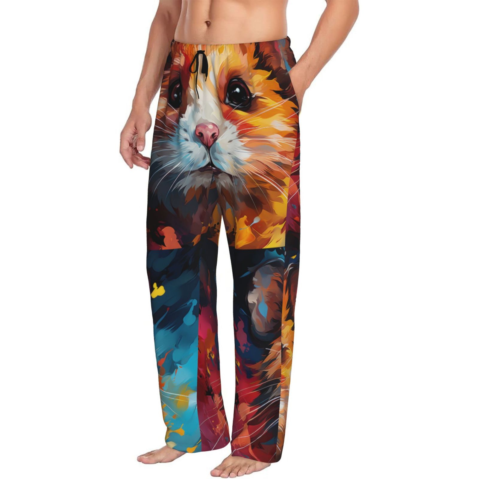 Long Pajama Pants for Men, Oil Painting Colorful Hamster Comfort Mens ...