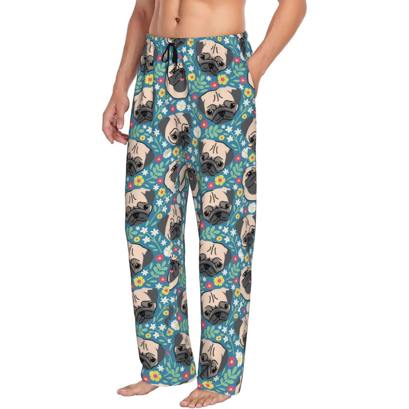 Long Pajama Pants for Men, PUG HEAD And Flower Comfort Mens Bottoms ...