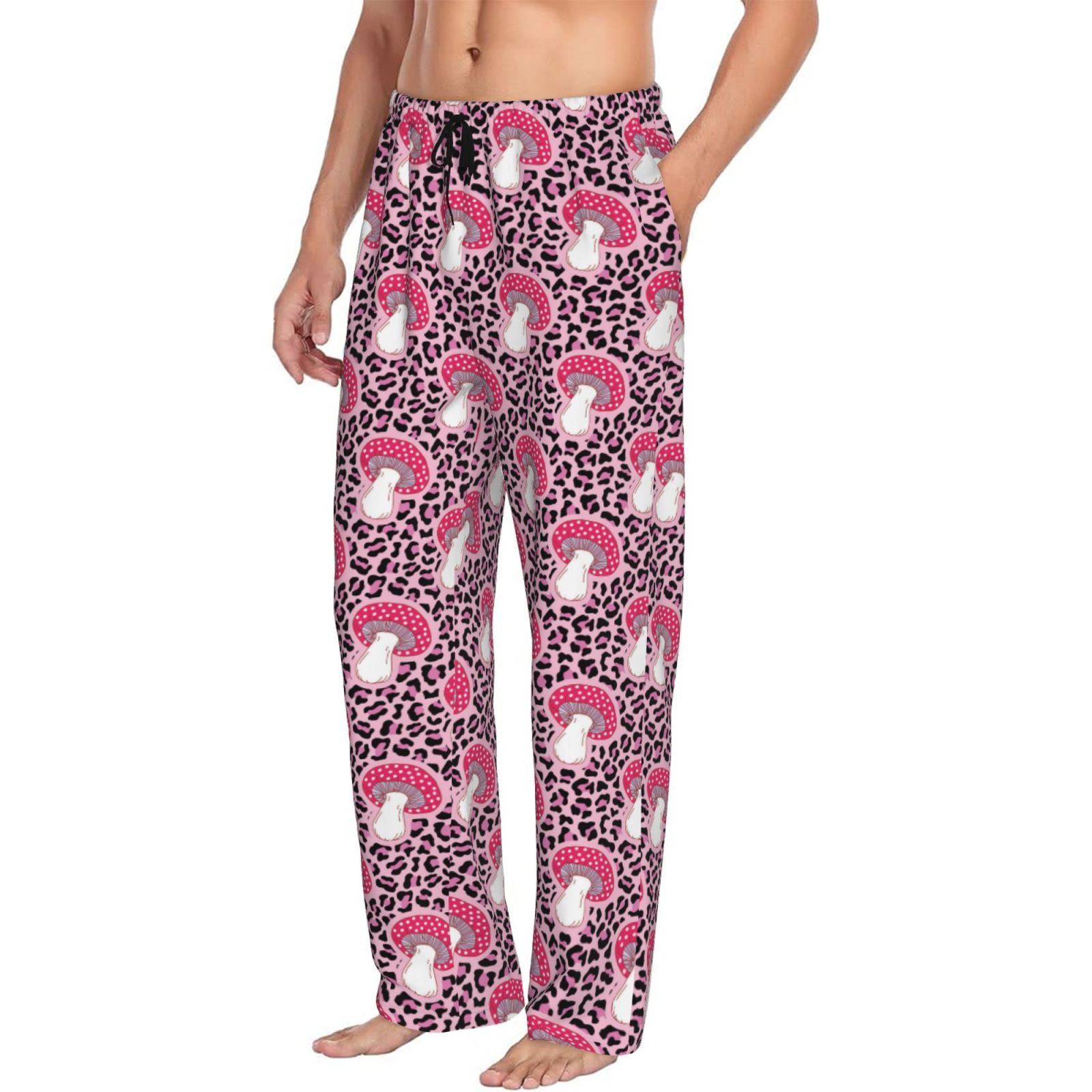 Long Pajama Pants for Men, Pink Leopard Print Mushroom Comfort Mens ...