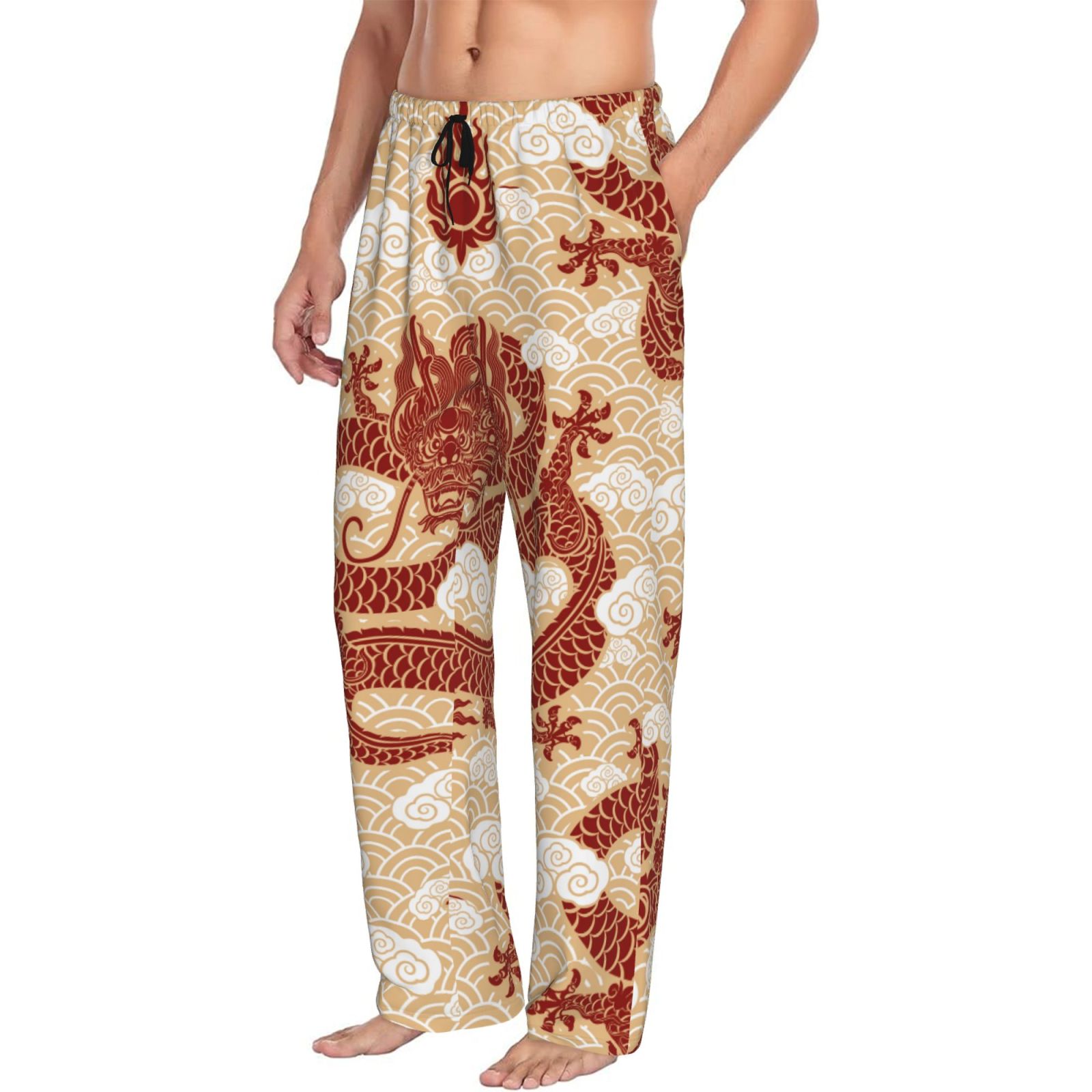 Long Pajama Pants for Men, Red Golden Dragon Clouds Comfort Mens ...