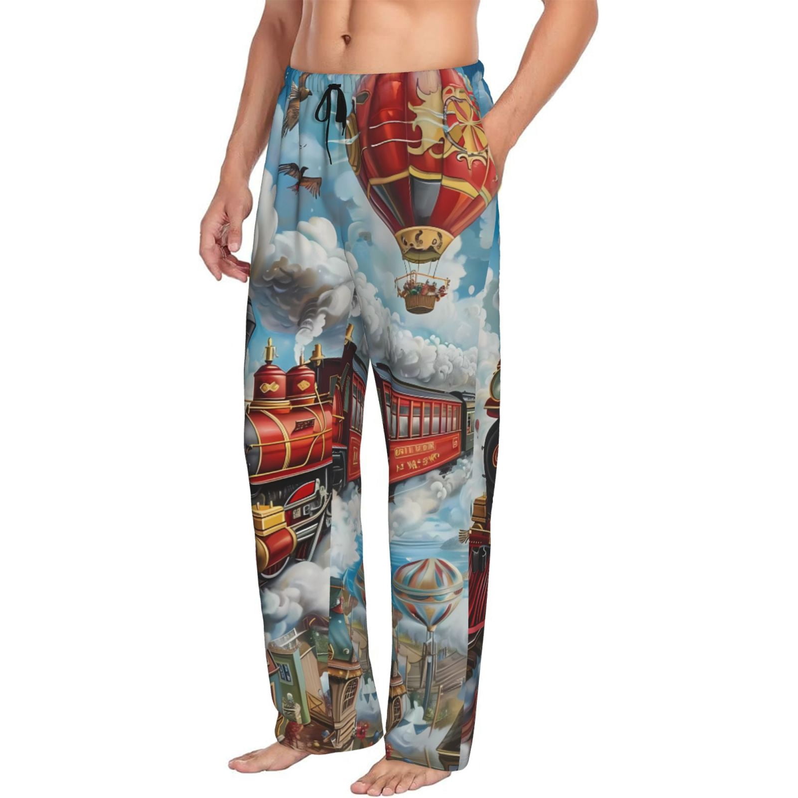 Long Pajama Pants for Men, Red Train Hot Air Balloon Comfort Mens ...