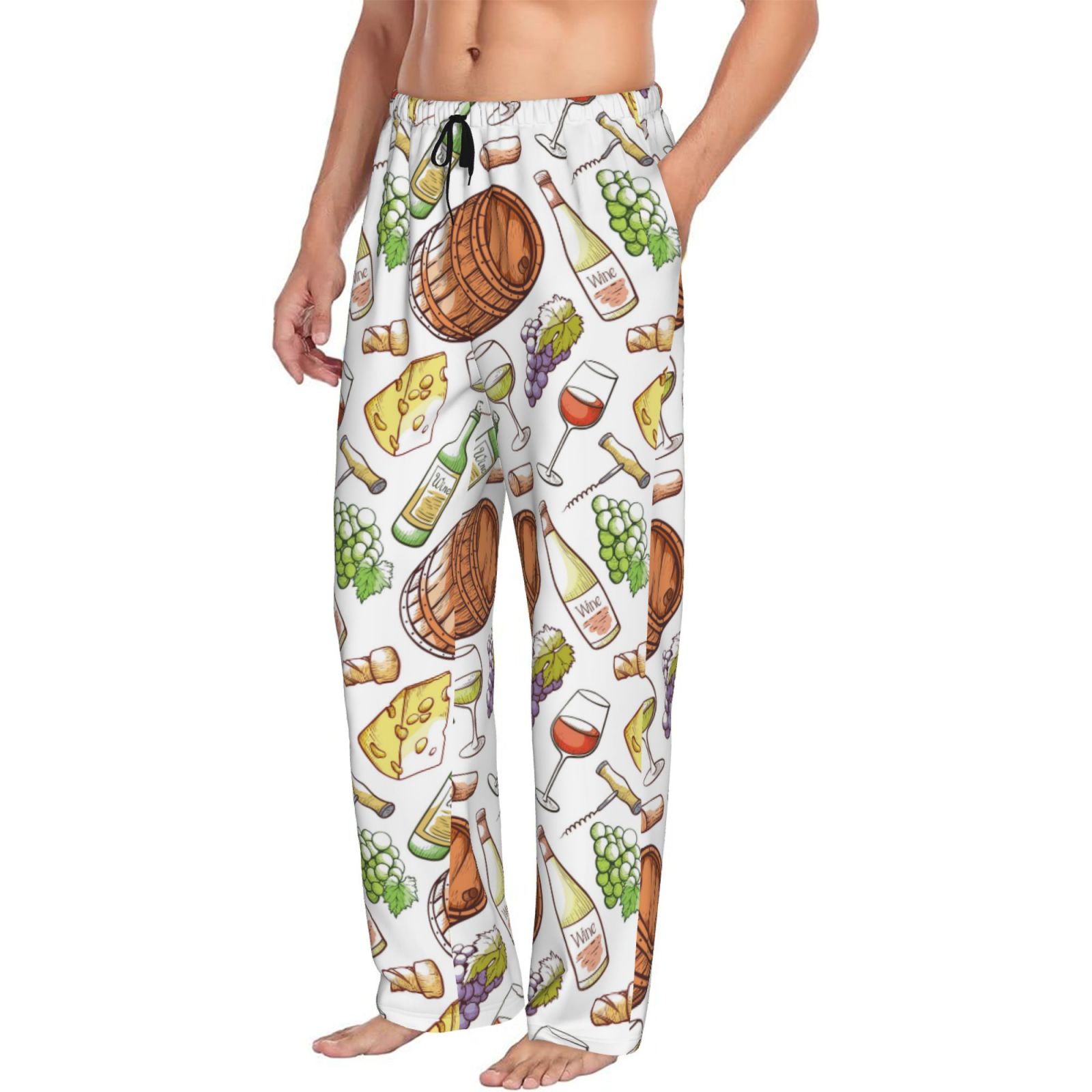 Long Pajama Pants for Men, Red Wine Cheese Grapes Comfort Mens Bottoms ...