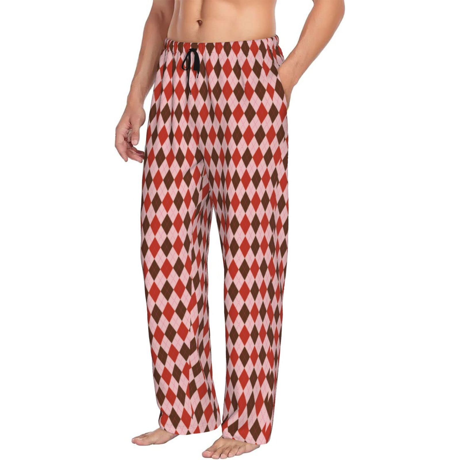 Long Pajama Pants for Men, Red and Brown Squares Comfort Mens Bottoms ...