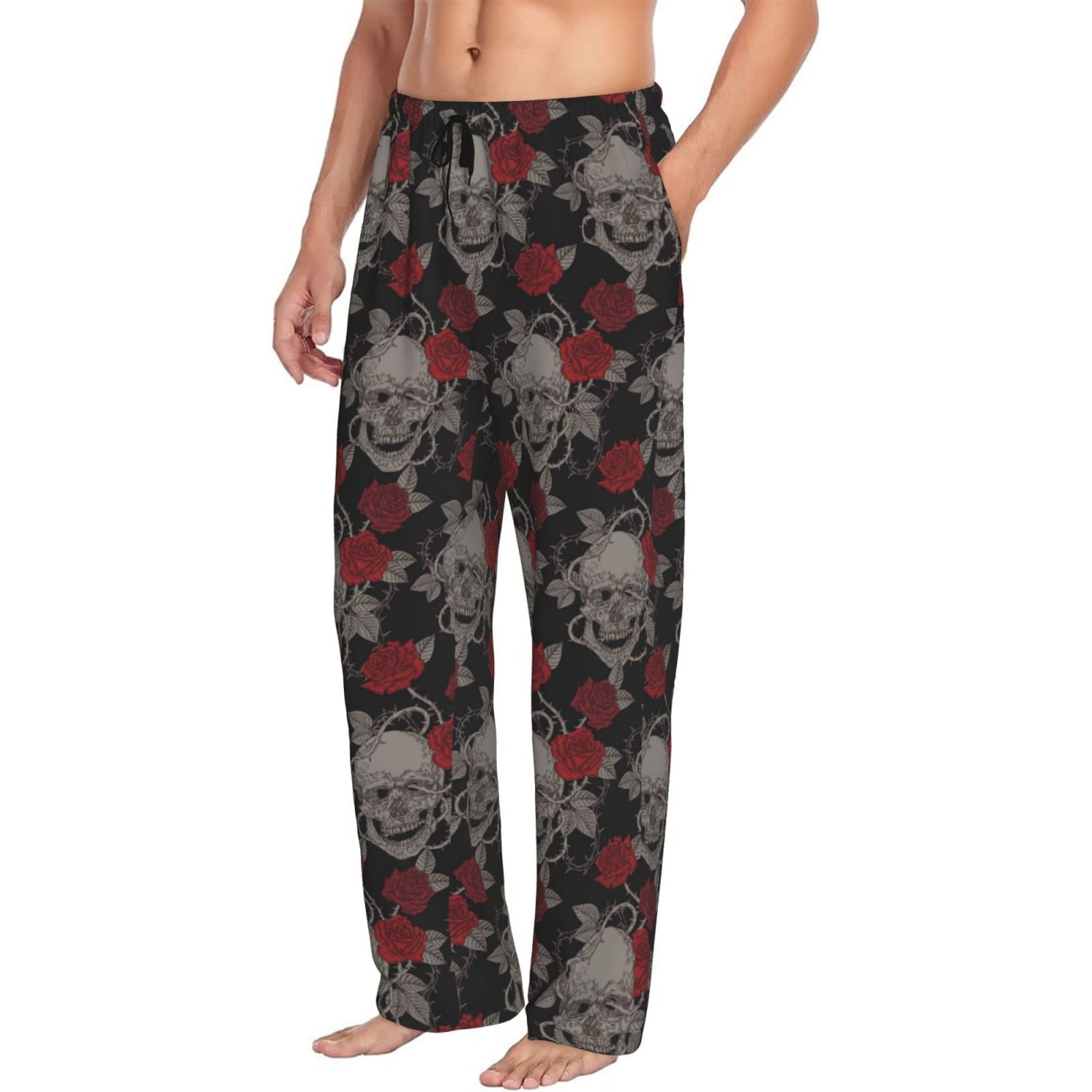 Long Pajama Pants for Men, Skull and Red Roses Comfort Mens Bottoms ...